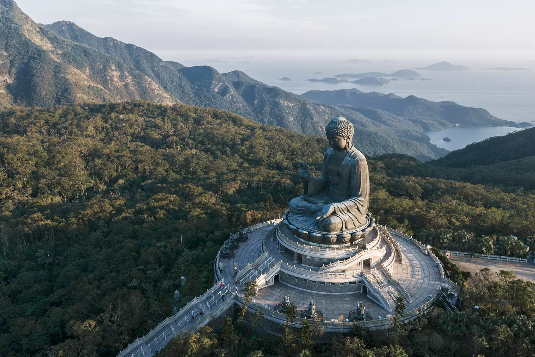Aerial View Of Hong Kong Tian Tan Buddha At Dusk