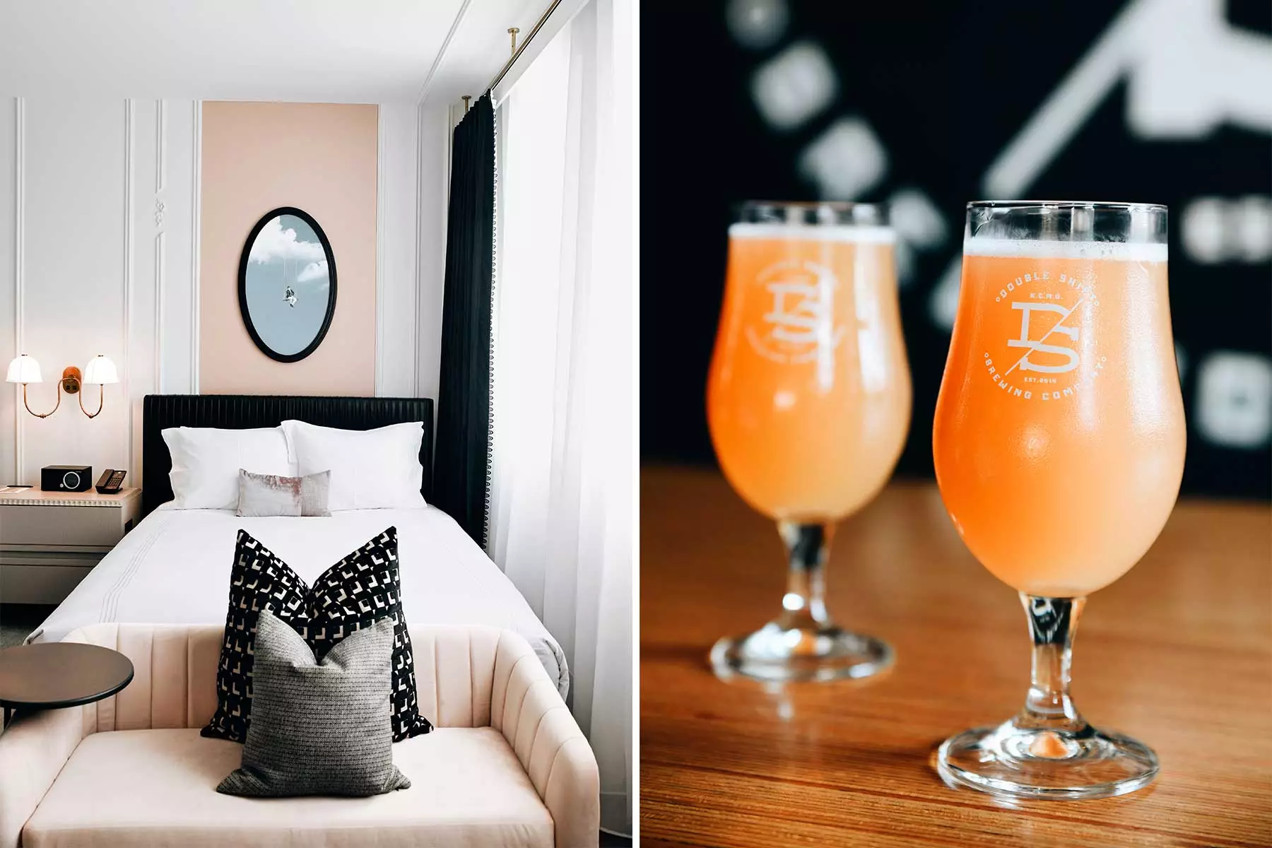 Scener från Kansas City, inklusive ett rosa och svart hotellrum och två glas sour ale