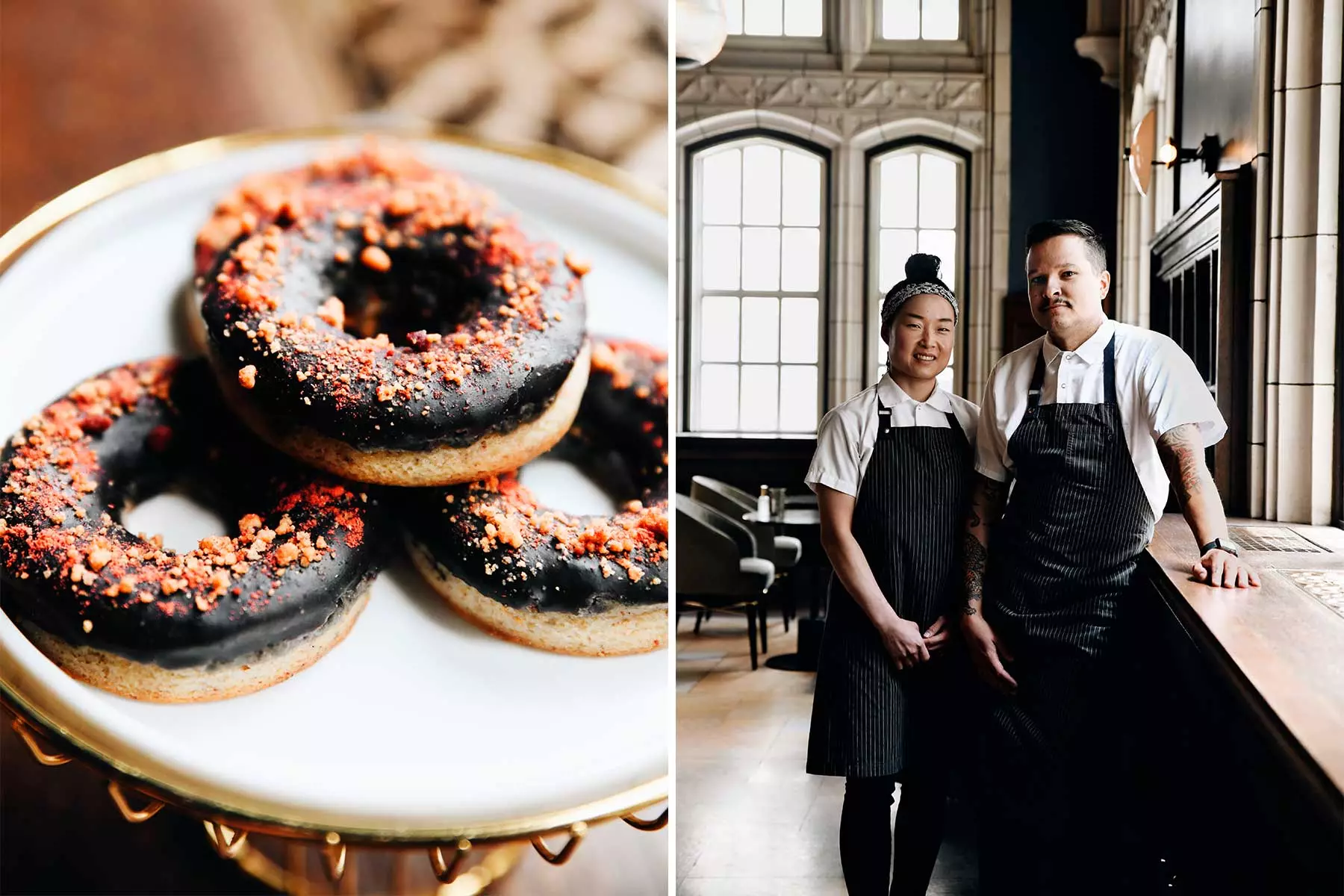 Balról: Vaníliás mochi fánk fekete-szezámmázzal és epres-tejes morzsával a Hotel Kansas City lobbi kávézójából; Helen Jo és Johnny Leach szakácsok, a Hotel Kansas City éttermének, a Town Company-nak és a lobbi kávézójának a férj és feleség csapata.