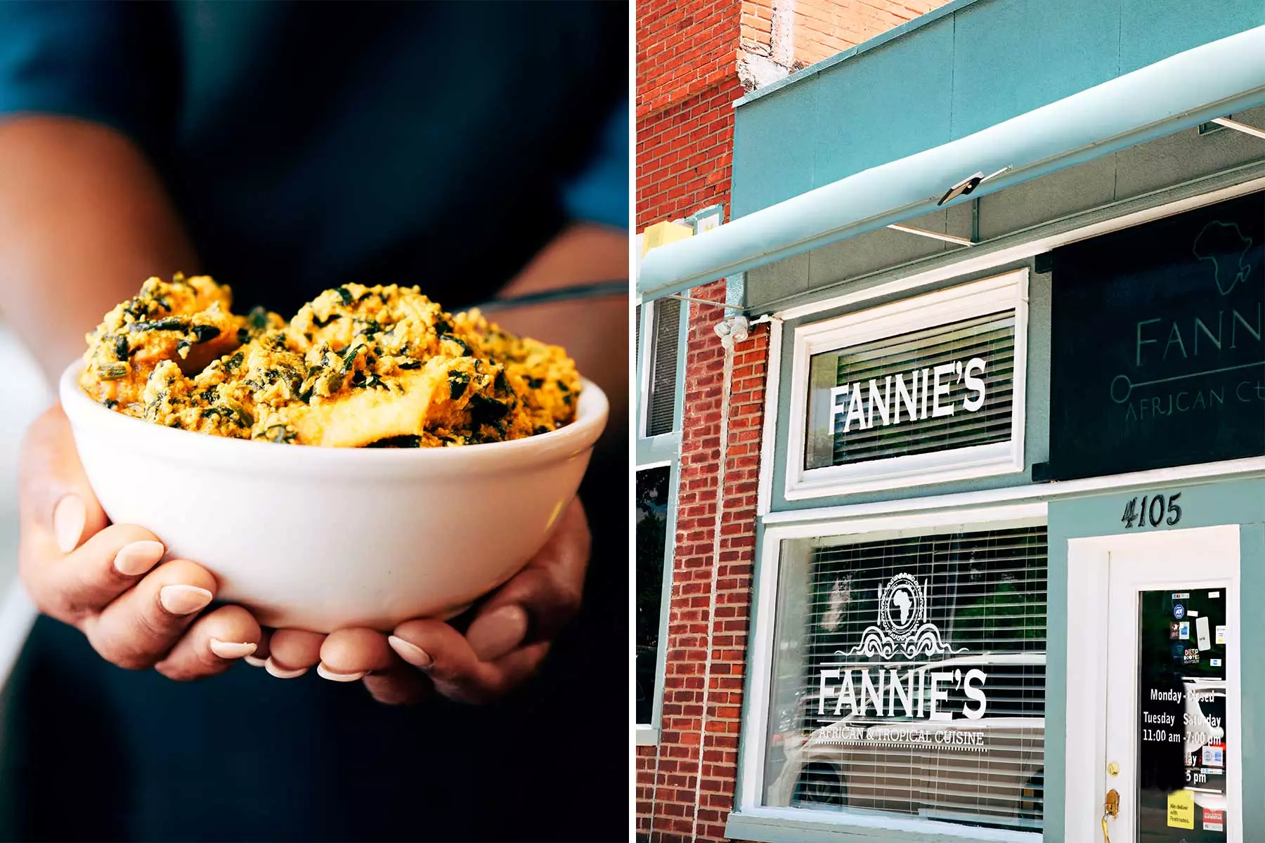 Van links: Egusi-soep, een Nigeriaans hoofdbestanddeel gemaakt met gemalen meloenzaden en -groenten, bij Fannie's African & Tropical Cuisine; de ingang van Fannie's, een favoriet in South Hyde Park voor traditionele pan-Afrikaanse gerechten.