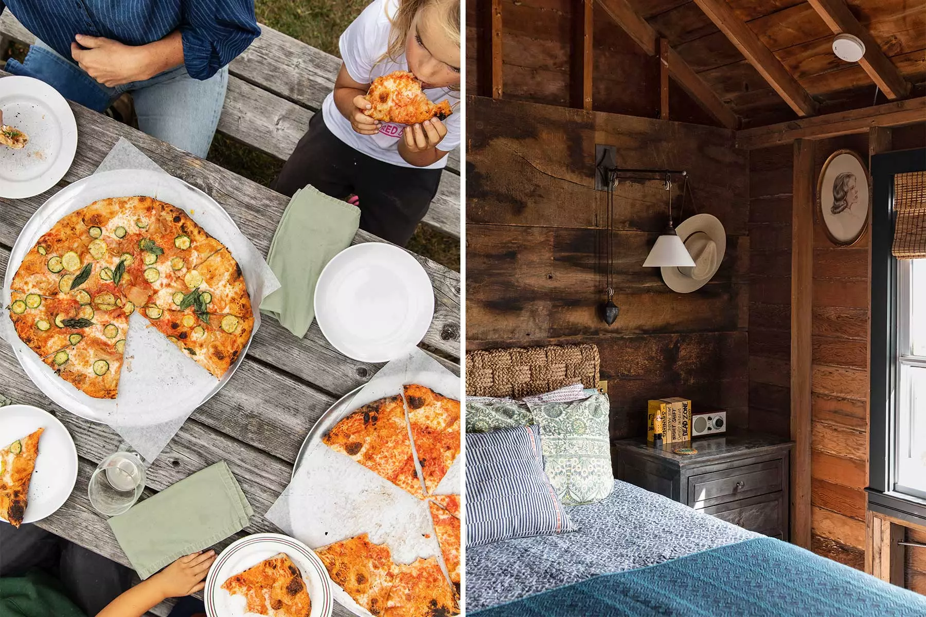 Paire de photos montrant une famille en train de manger une pizza à une table de pique-nique au restaurant Tinder Hearth et l'intérieur d'une cabane de location offerte par le groupe Gills