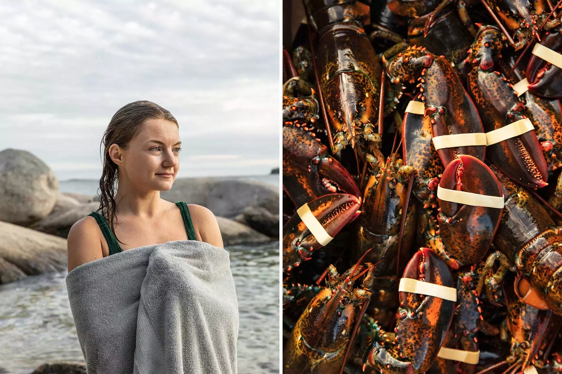 Les fotos de Maine mostren un aficionat a la platja local i un munt de llagostes