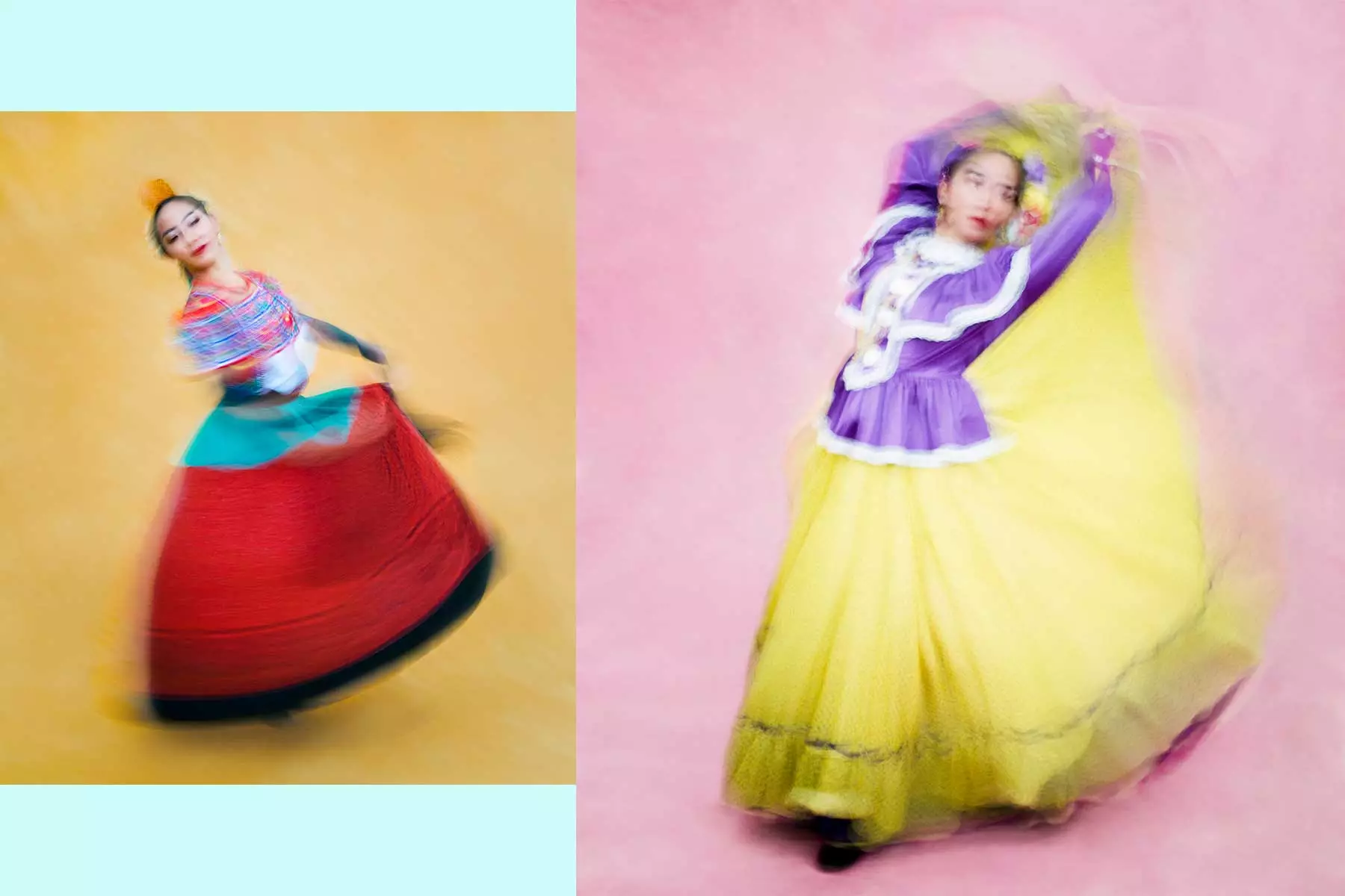 Dúas fotos dunha bailarina en movemento; unha mostrando un vestido vermello e turquesa de Guanajuato, e outra mostrando un vestido morado e amarelo de Nayarit