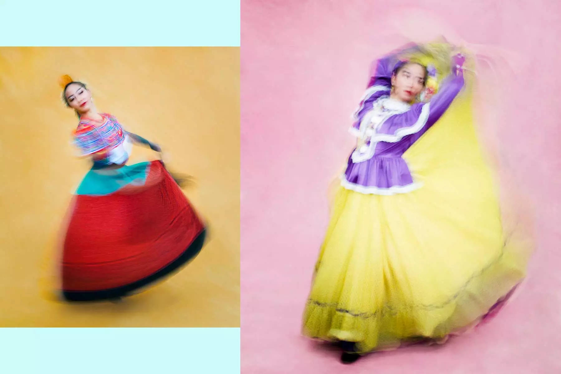 兩張運動中舞者的照片；一件展示了來自瓜納華託的紅色和綠松石色連衣裙，一件展示了一件來自納亞里特的紫色和黃色連衣裙