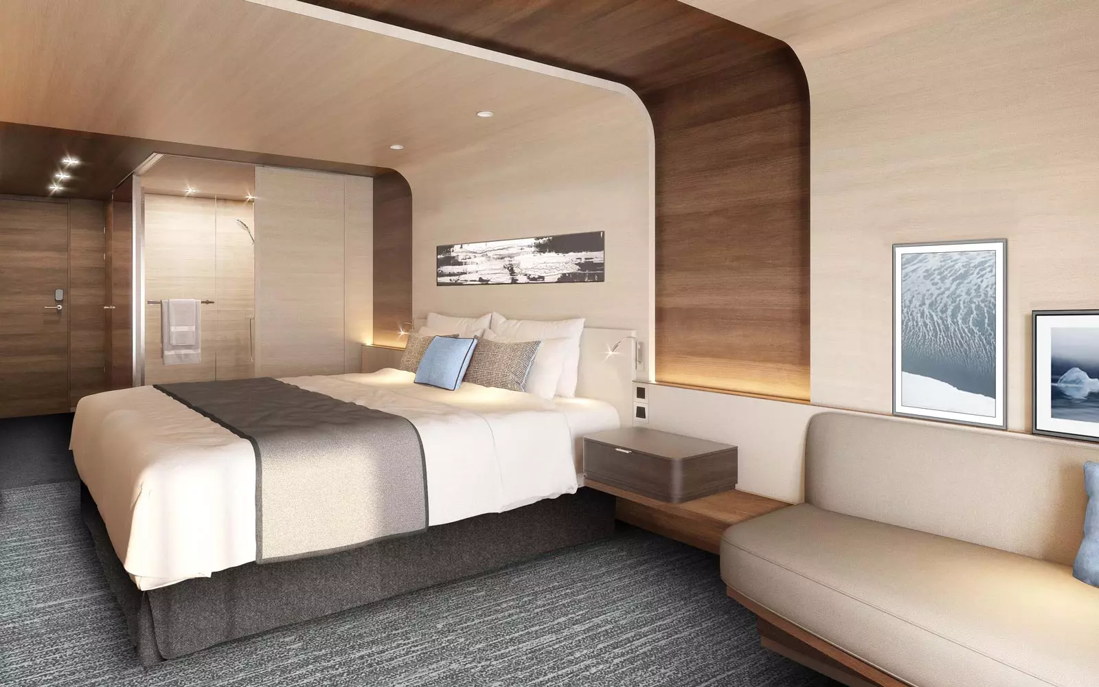 Cama na cabine do novo navio híbrido da linha de cruzeiros Ponant