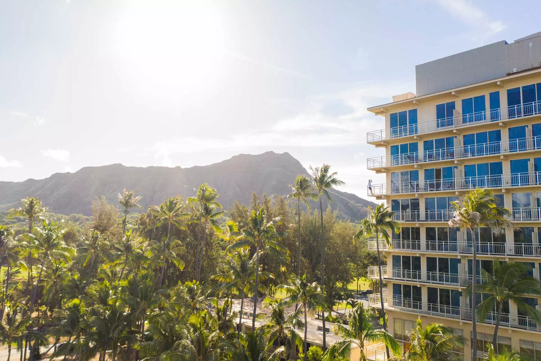 Kaimana Beach Hotel Honolulu išorinis vaizdas, kai saulė šviečia į palmes ir kalną tolumoje