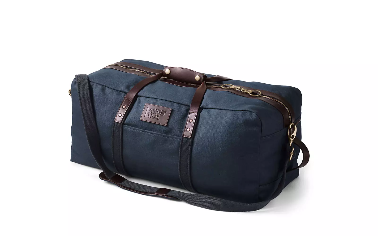 Weekender-Tasche aus marineblauem Segeltuch mit braunen Lederdetails