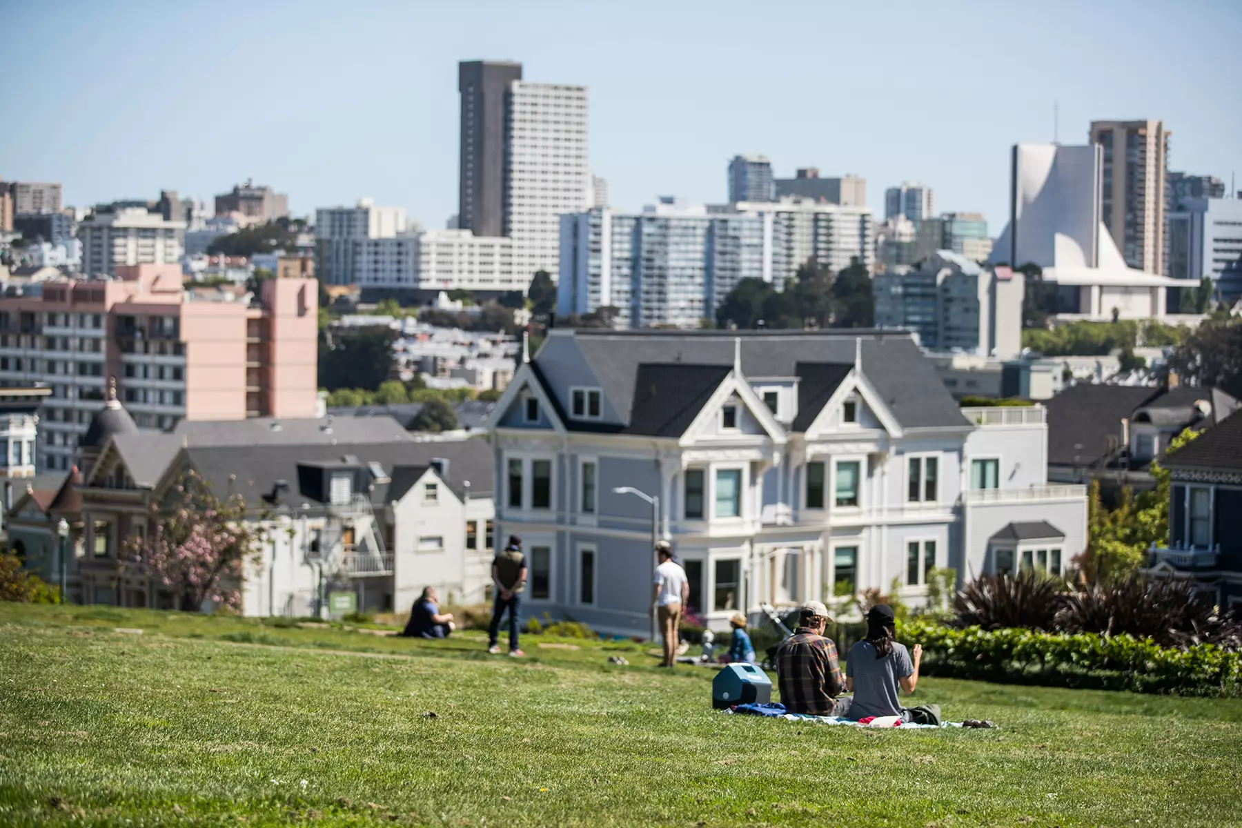 Folk sidder på græsset i Alamo Square Park