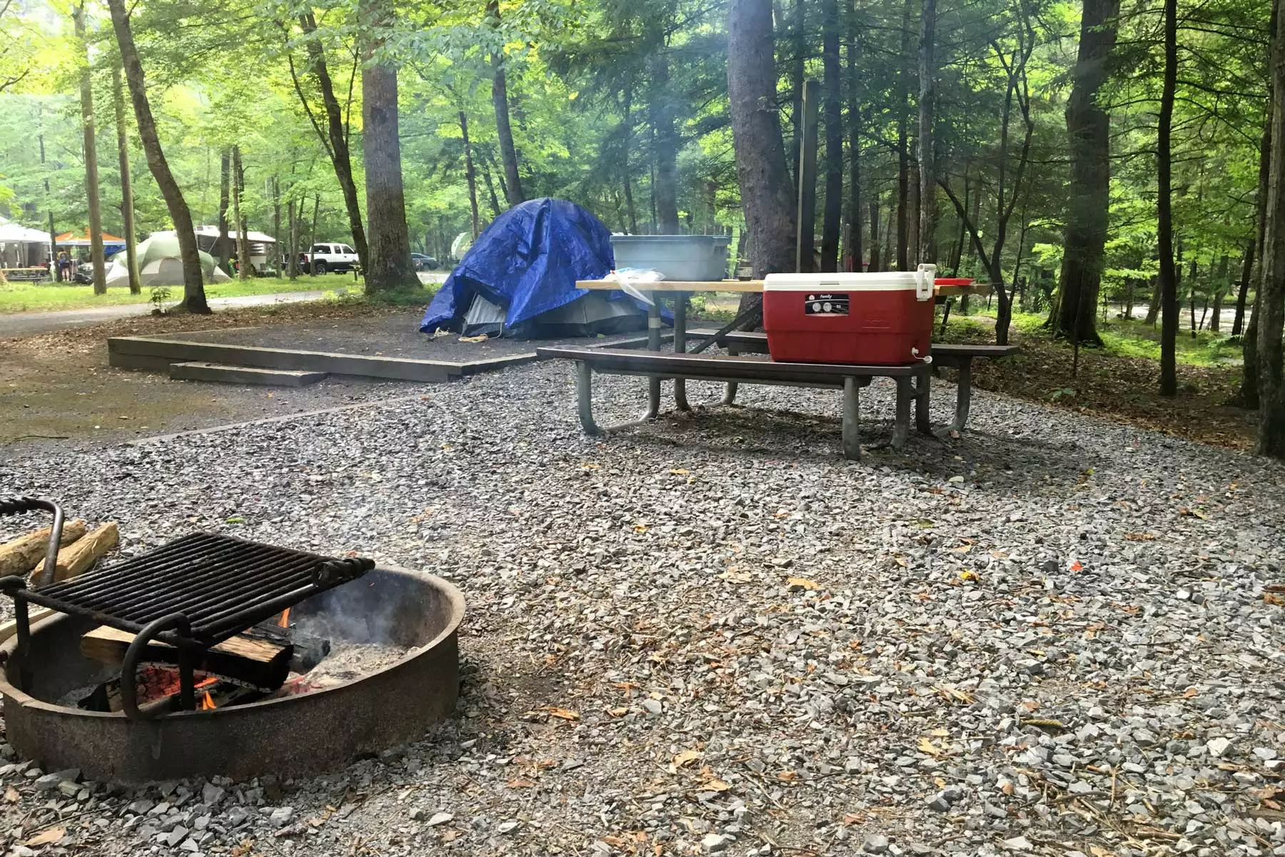 Aworan ibi ibudó kan pẹlu ina ni gilasi, awọn ipese ipago lori tabili pikiniki, agọ ti a bo tap, ati awọn ibudó ni abẹlẹ. Ipo ni Elkmont Campground ni Nla Smoky Mountains National Park.