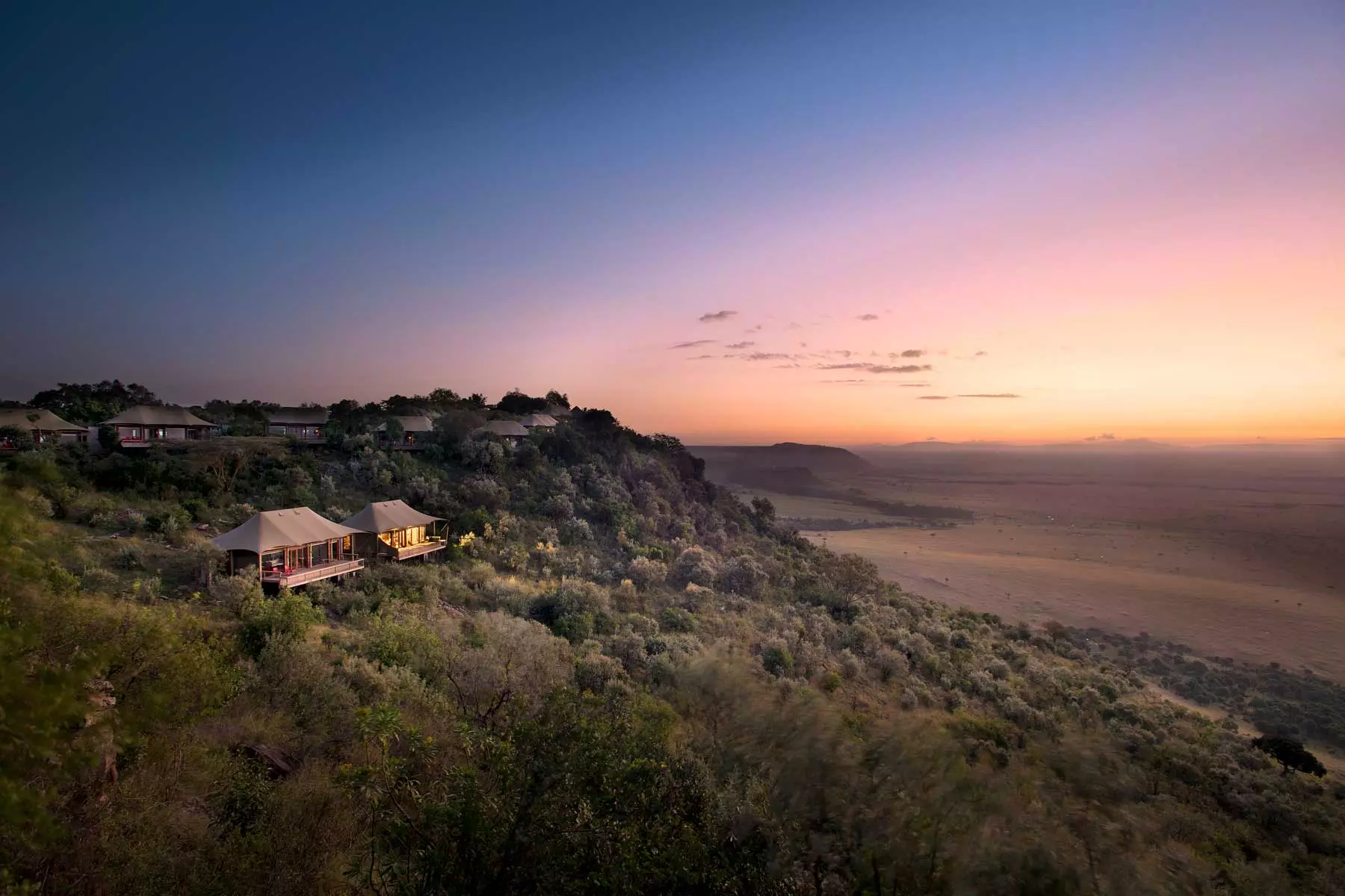 Quang cảnh bên ngoài từ trên không của Angama Mara, được bình chọn là một trong những Nhà nghỉ Safari Châu Phi tốt nhất