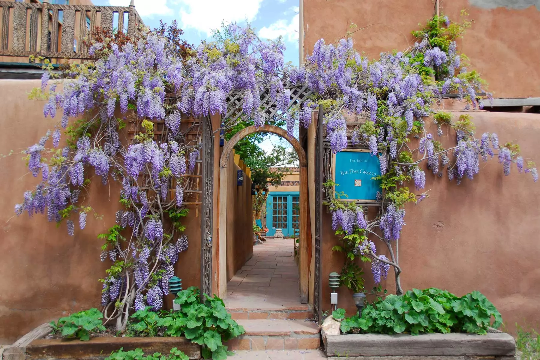 De met hortensia gedrapeerde toegang tot The Inn of The Five Graces, uitgeroepen tot een van de beste hotels ter wereld