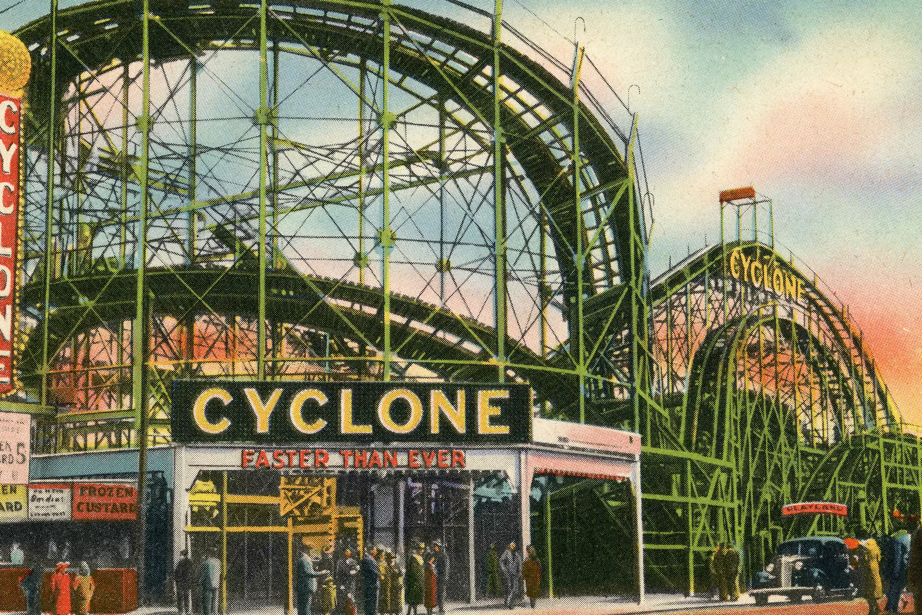 Archival Cyclone roller coaster postcard