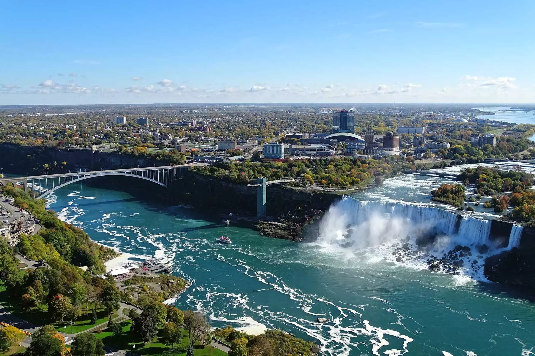 Maporomoko ya Niagara kutoka upande wa Kanada yakitazama upande wa New York