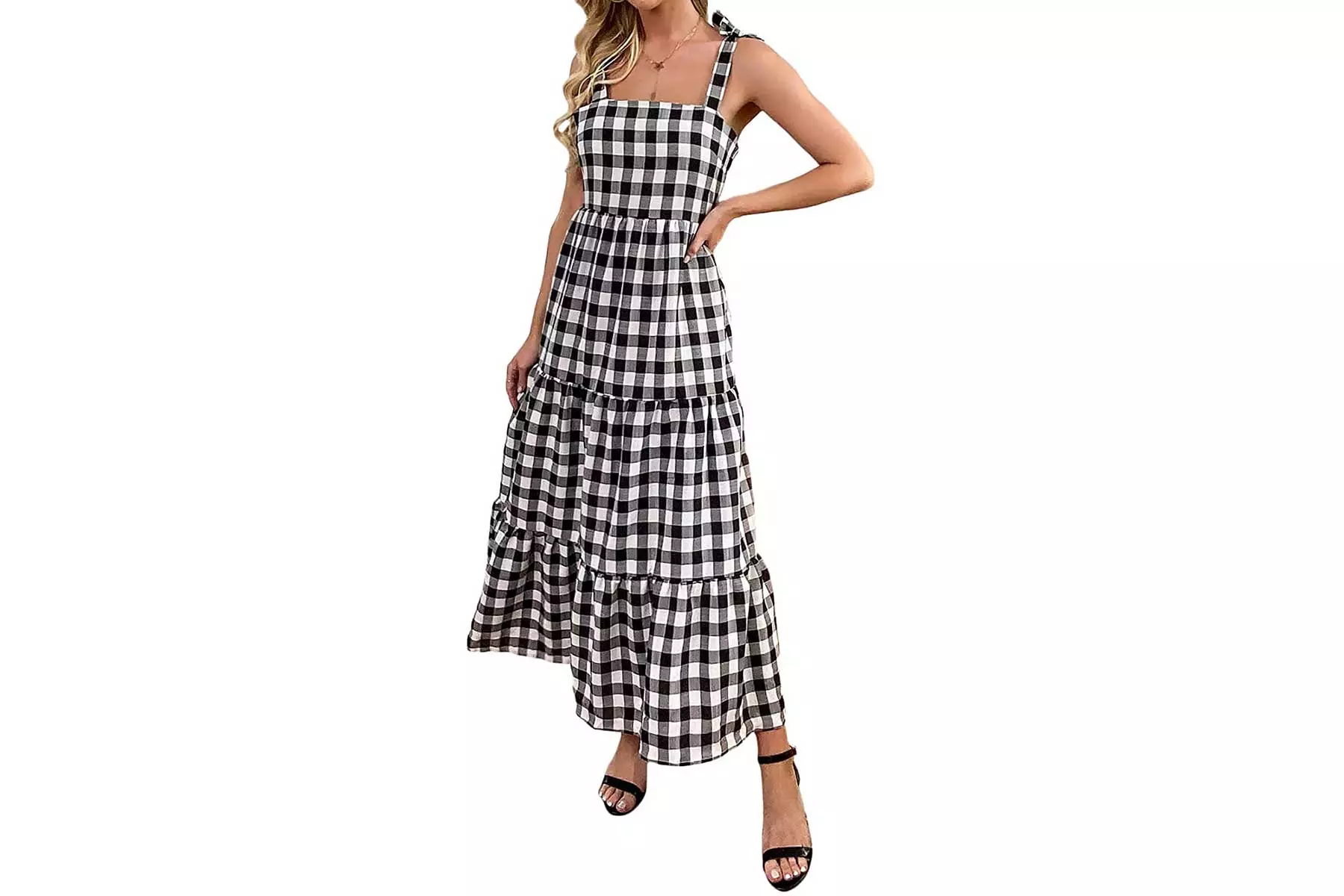 Floerns midi-jurk mei tie-riem yn swart en wyt gingham