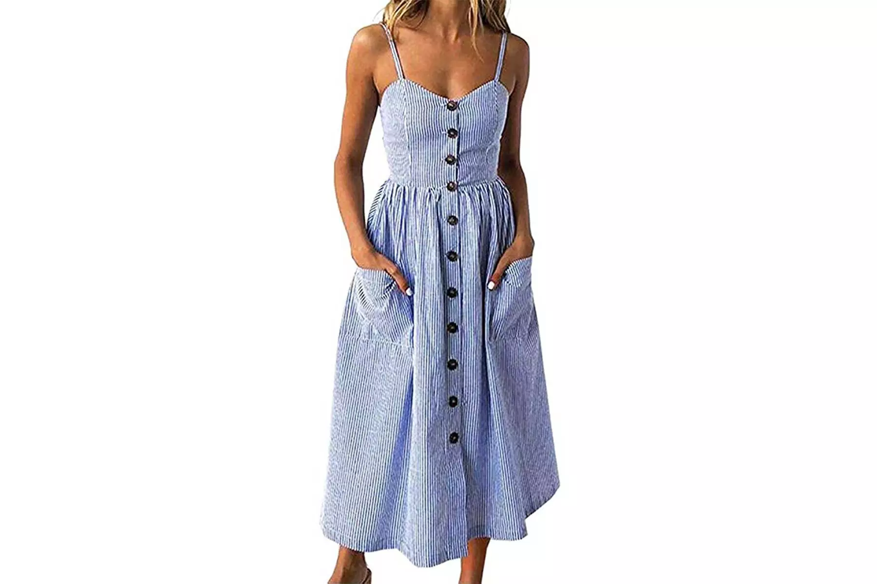 Halife Button-Down-Swing-Kleid mit blauen und weißen Streifen