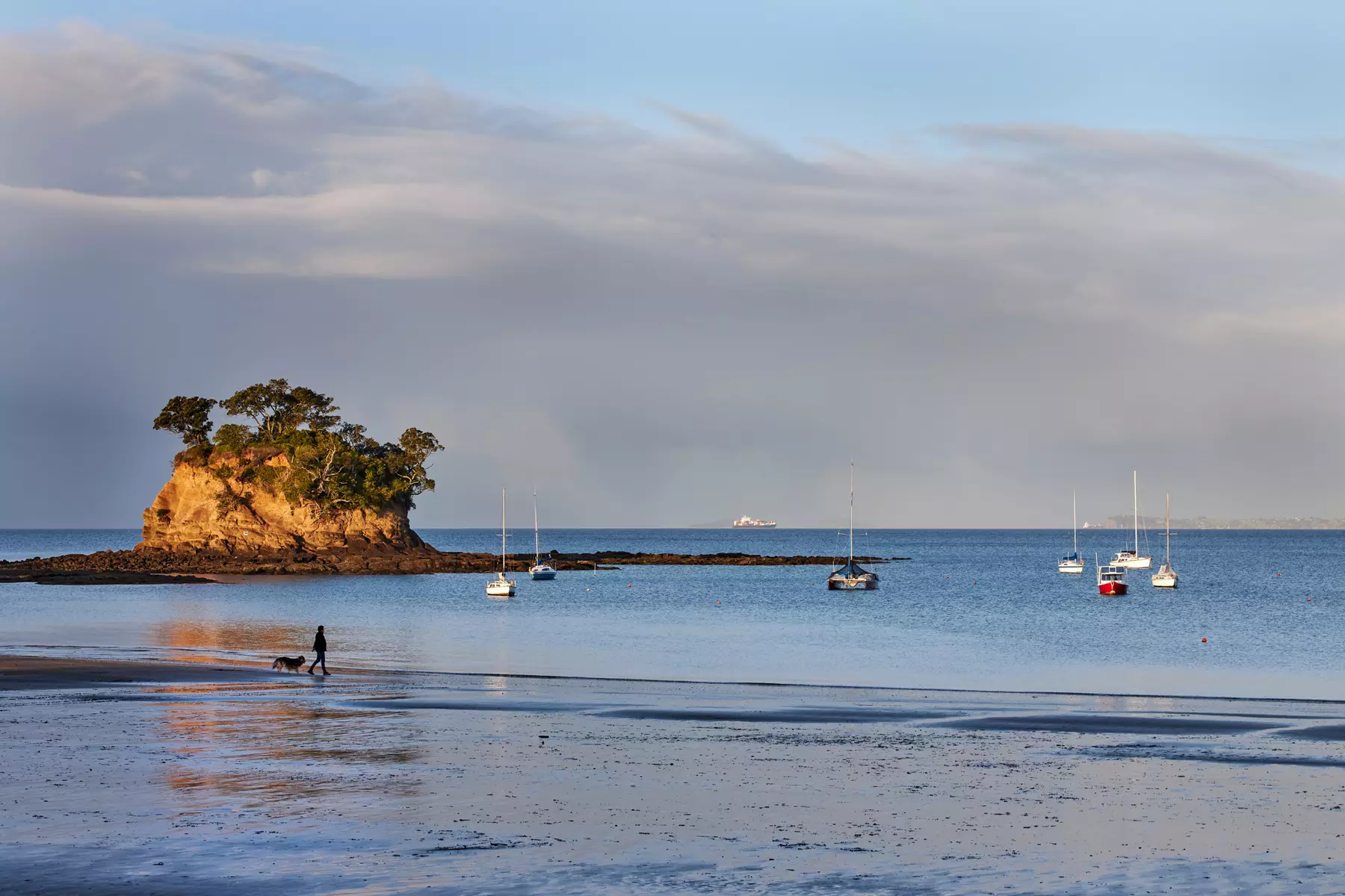 Ang Tor sa Waiake beach sa Torbay sa Auckland's North Shore, nga adunay gitamnan nga mga bangka ug tiglakaw sa iro, gabii