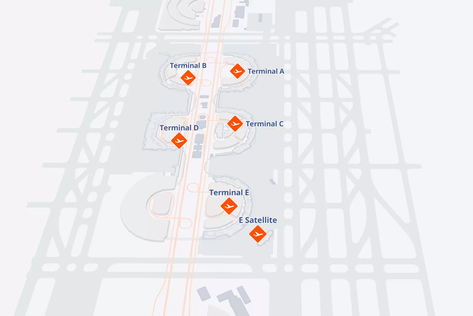 Mapa básico do aeroporto de DFW e as súas terminais