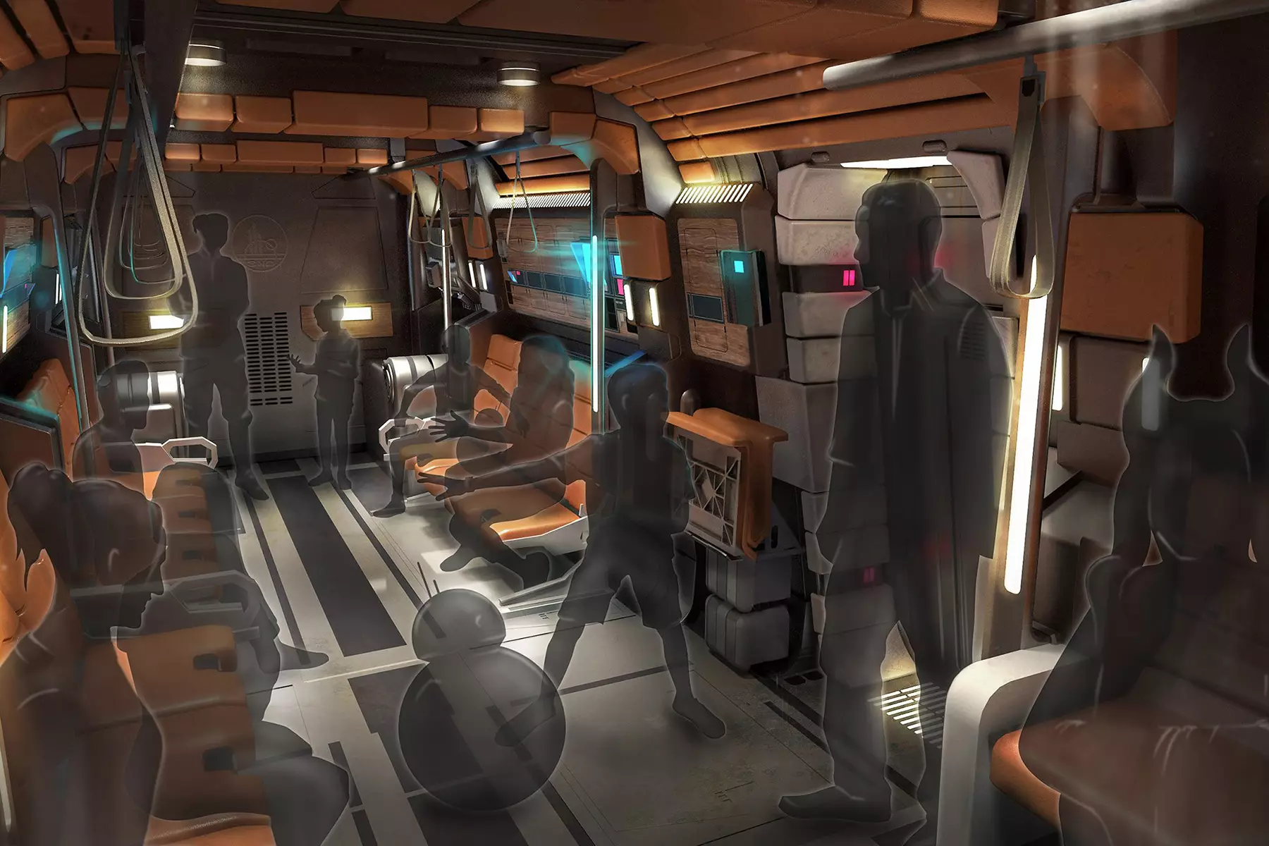 Ce rendu de concept d'artiste montre les transports qui emmèneront les invités de Star Wars: Galactic Starcruiser au Walt Disney World Resort à Lake Buena Vista, en Floride.