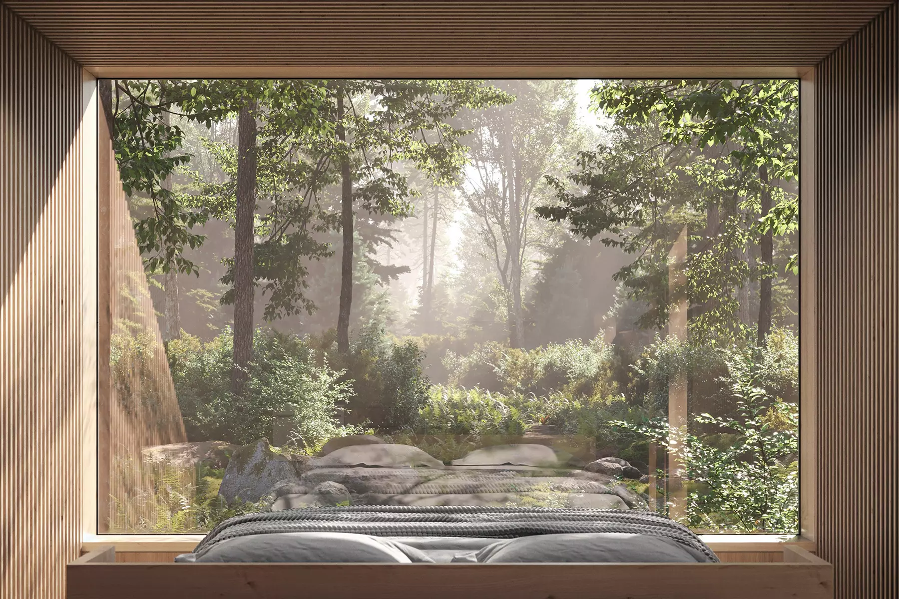 Vista da cama olhando para fora da cabine espelhada no Canadá