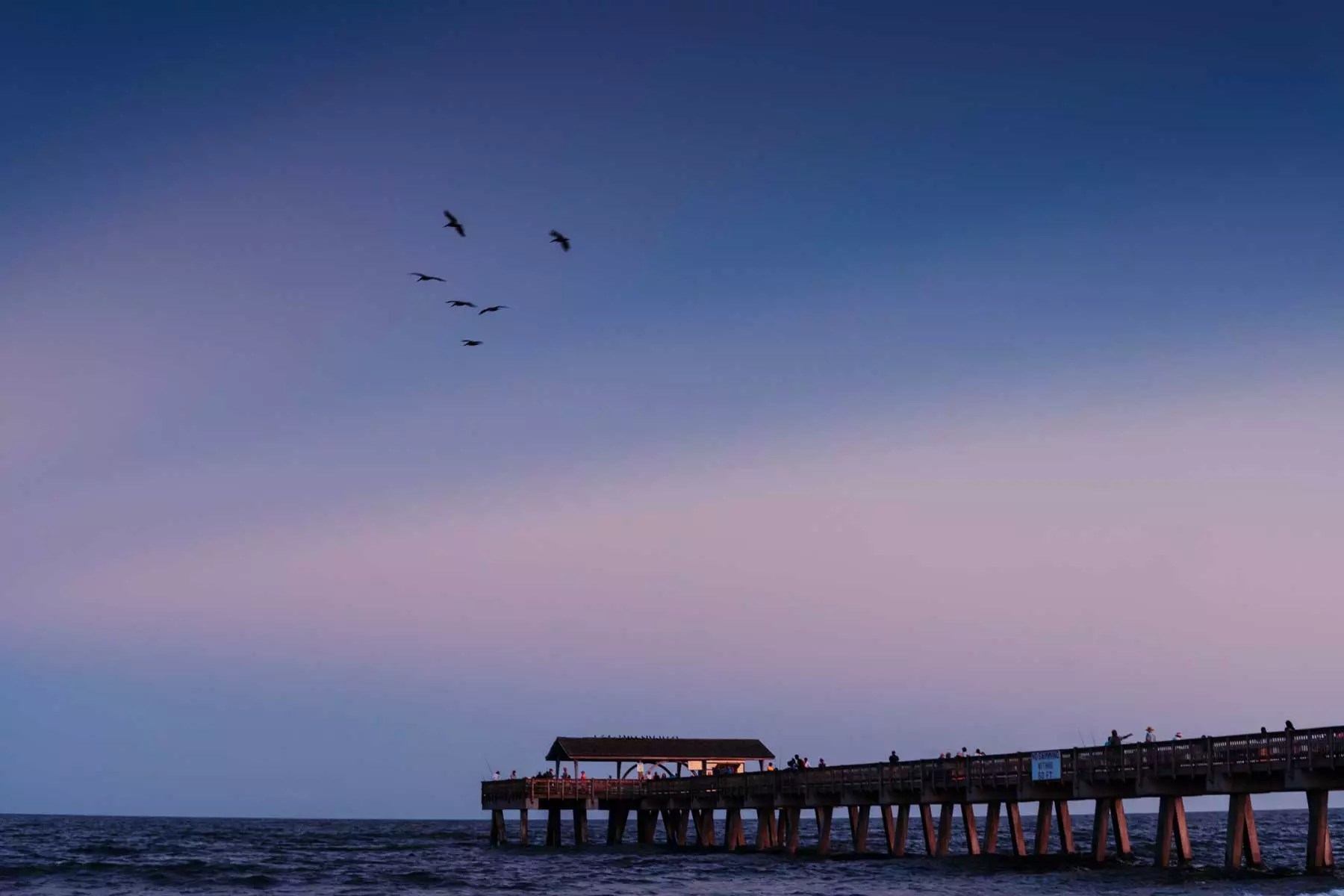 Y pier pysgota a Chefnfor yr Iwerydd yn Ynys Tybee yng ngolau porffor machlud haul