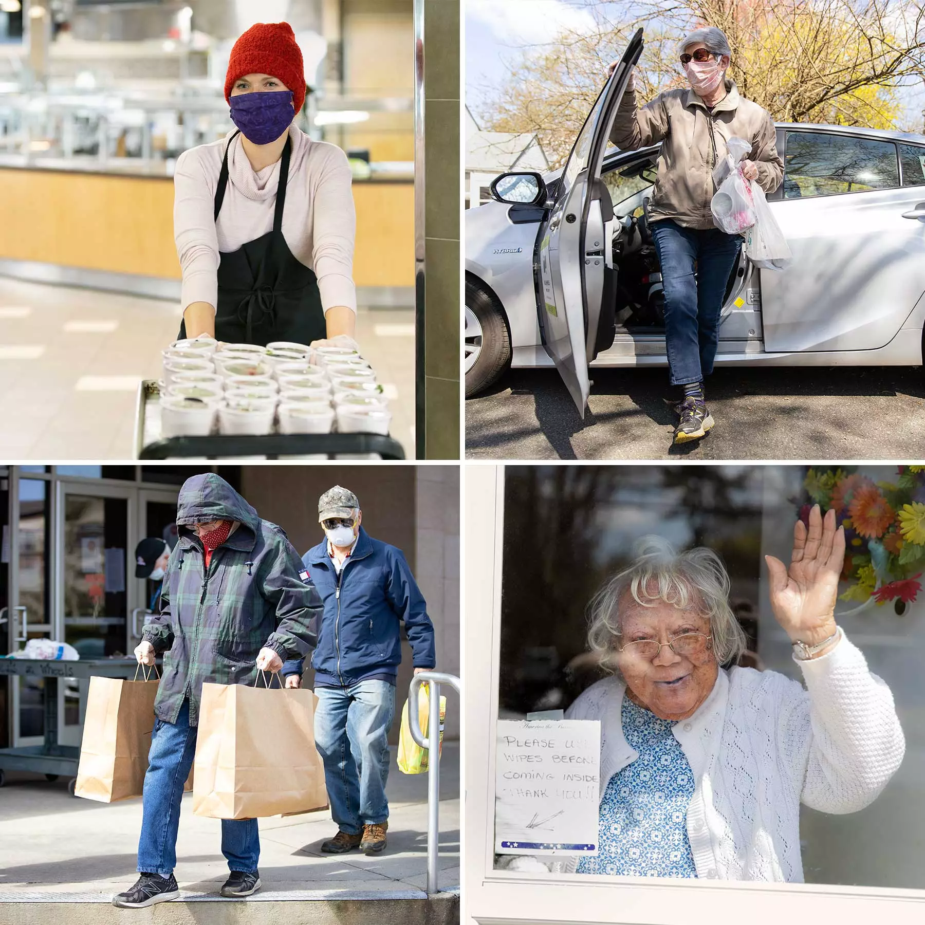 Cuadrícula de cuatro fotos que muestran voluntarios para Meals on Wheels America