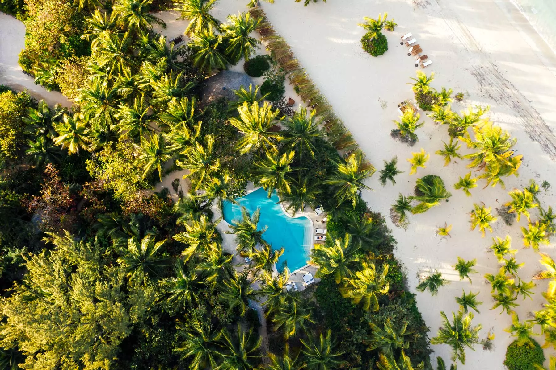 Luftaufnahme des Pools von Kamalame Cay, das zu einem der besten Resorts in der Karibik gewählt wurde