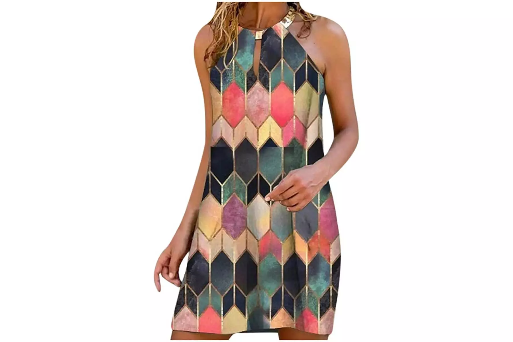 Vestido túnica com gola Jeash em design multicolorido