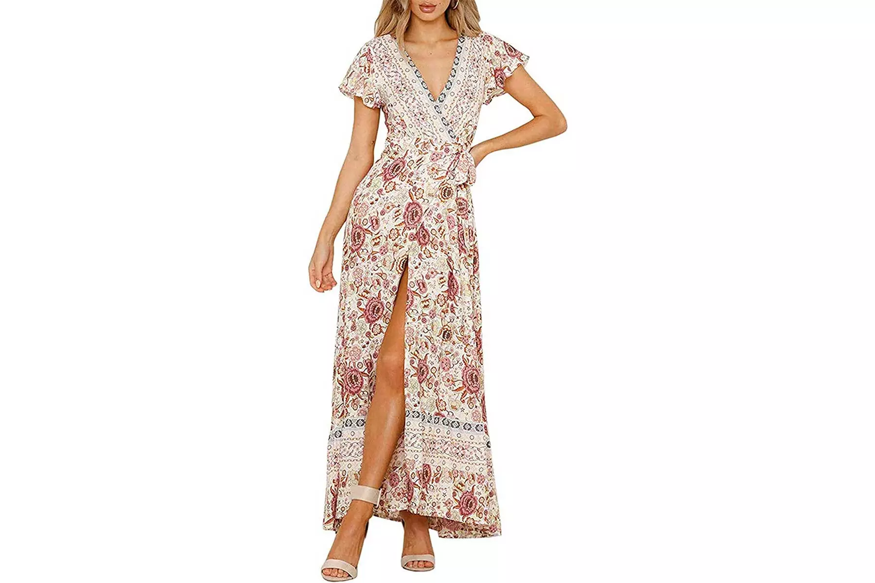 Zesica vestido envelope floral boho em off-white e vermelho