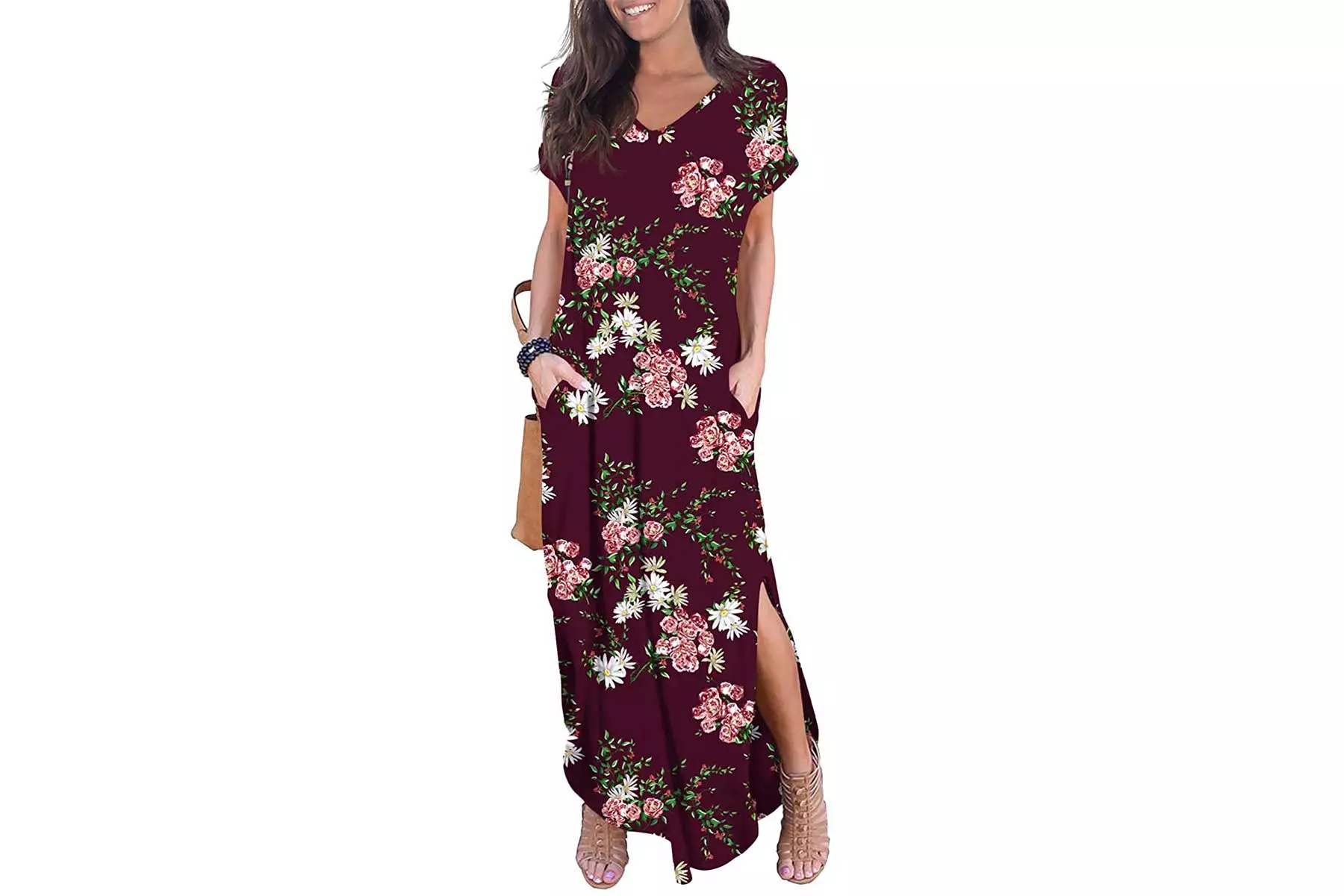 Vestido maxi casual Grecerelle em floral vinho