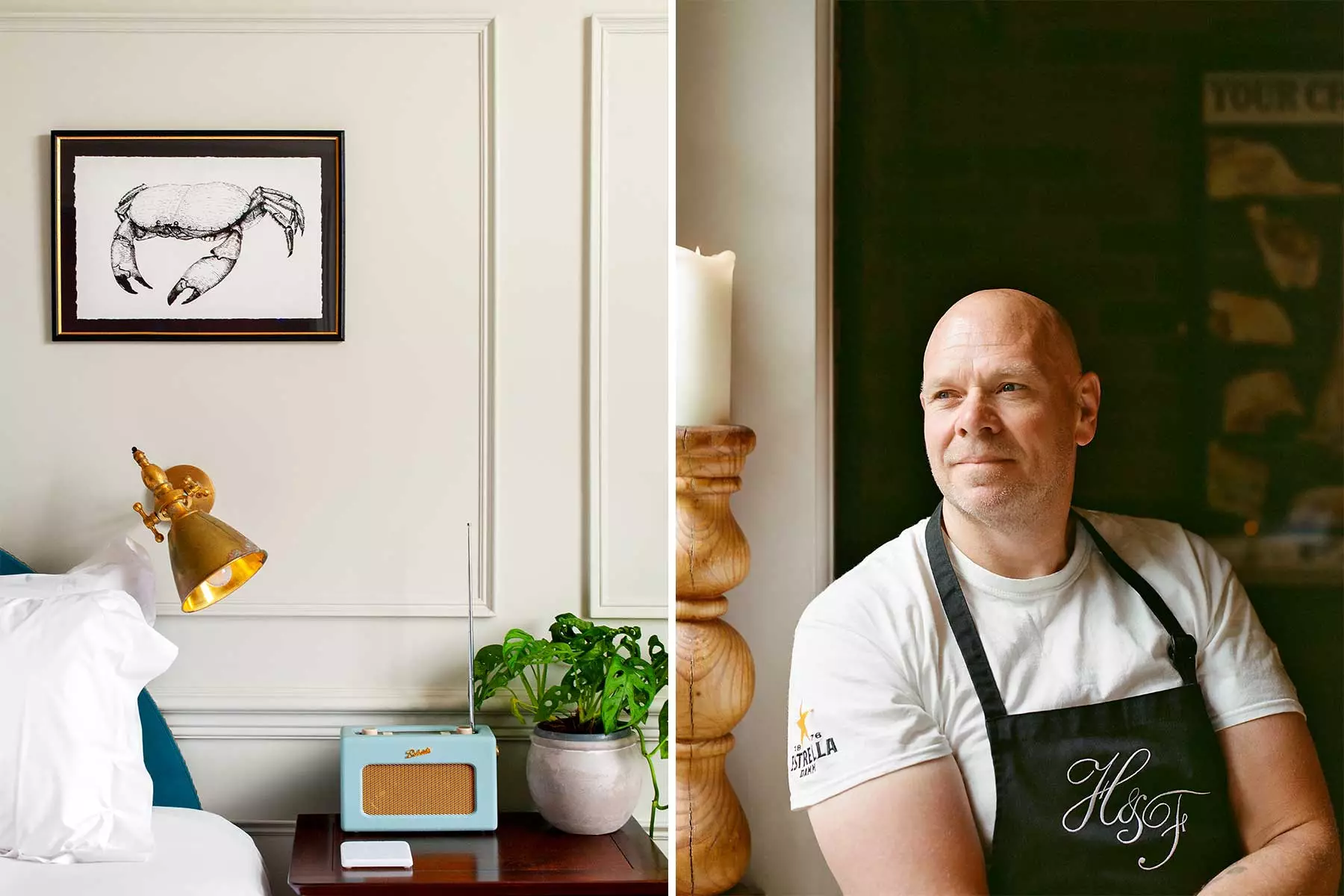 Tvær myndir sýna gestaherbergi á bresku kráarhóteli og matreiðslumanninn Tom Kerridge