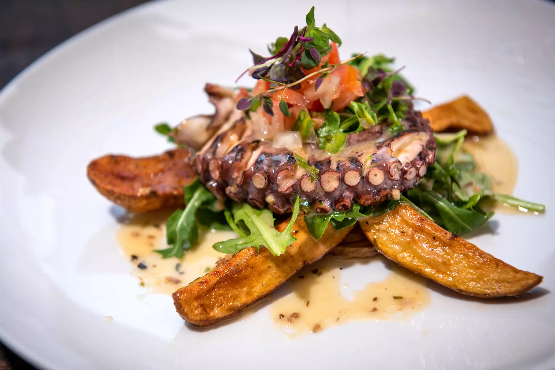 Gegrilde octopus met aardappelen en rucola in saus