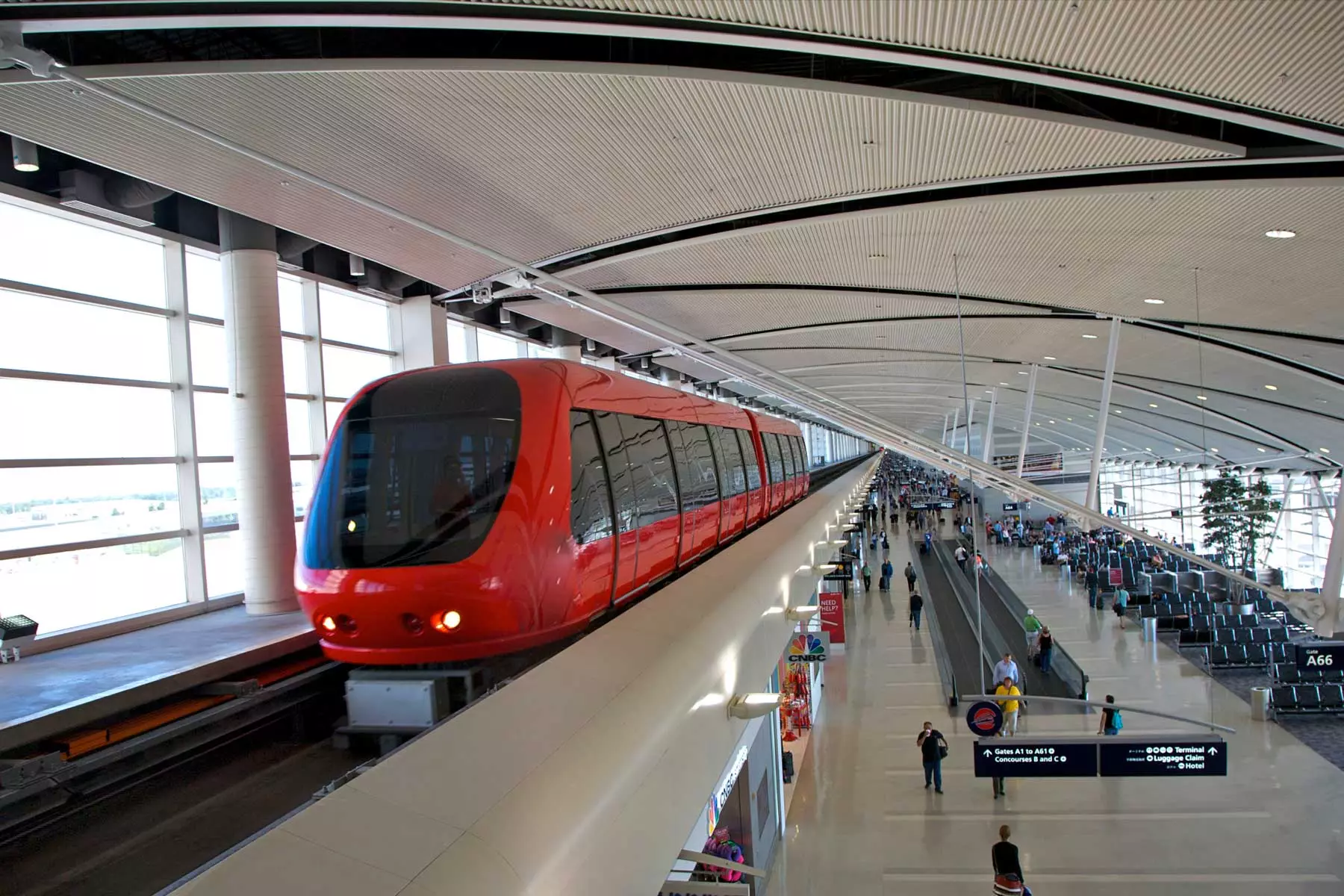 ExpressTram, een geautomatiseerd personenvervoersysteem dat werkt op Detroit Metropolitan Wayne County Airport, in Romulus (nabij Detroit), Michigan