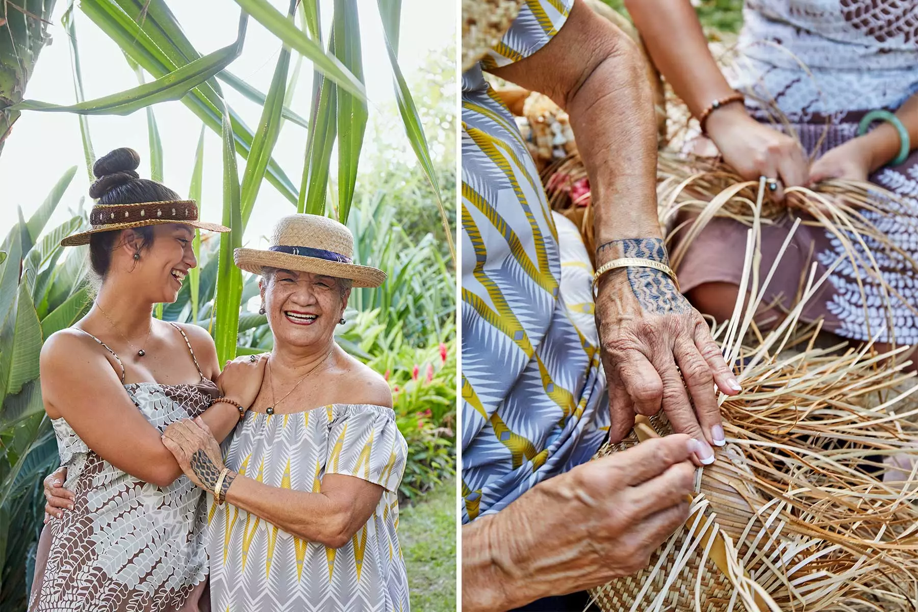 Fotografia majstra tkáča Kumu Ipolani Vaughan so svojou vnučkou; detailná fotografia párového tkania