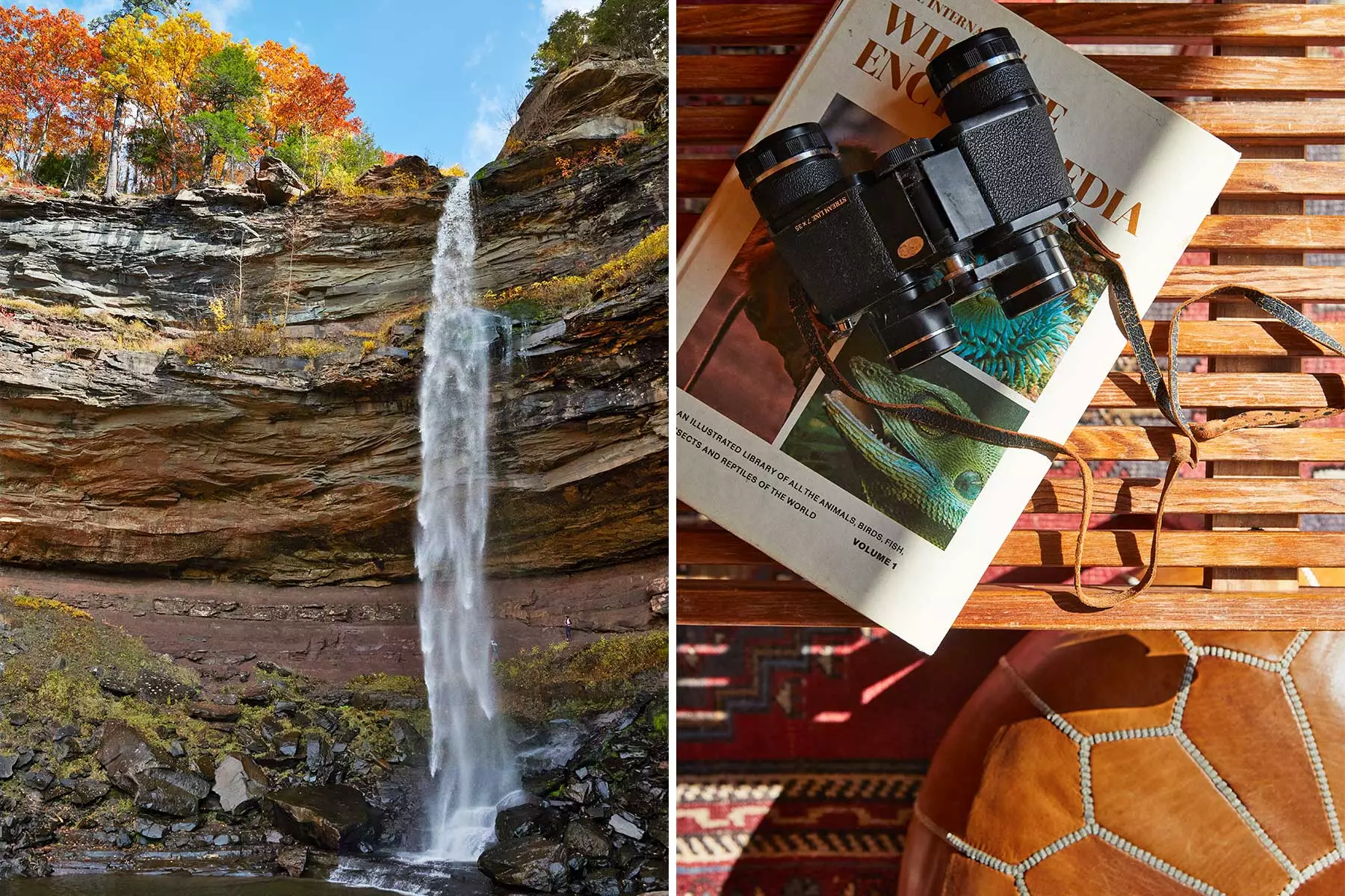 Två bilder från New Yorks Catskills-region, inklusive Kaaterskills Falls, och en guidebok på ett bord på Eastwind hotel