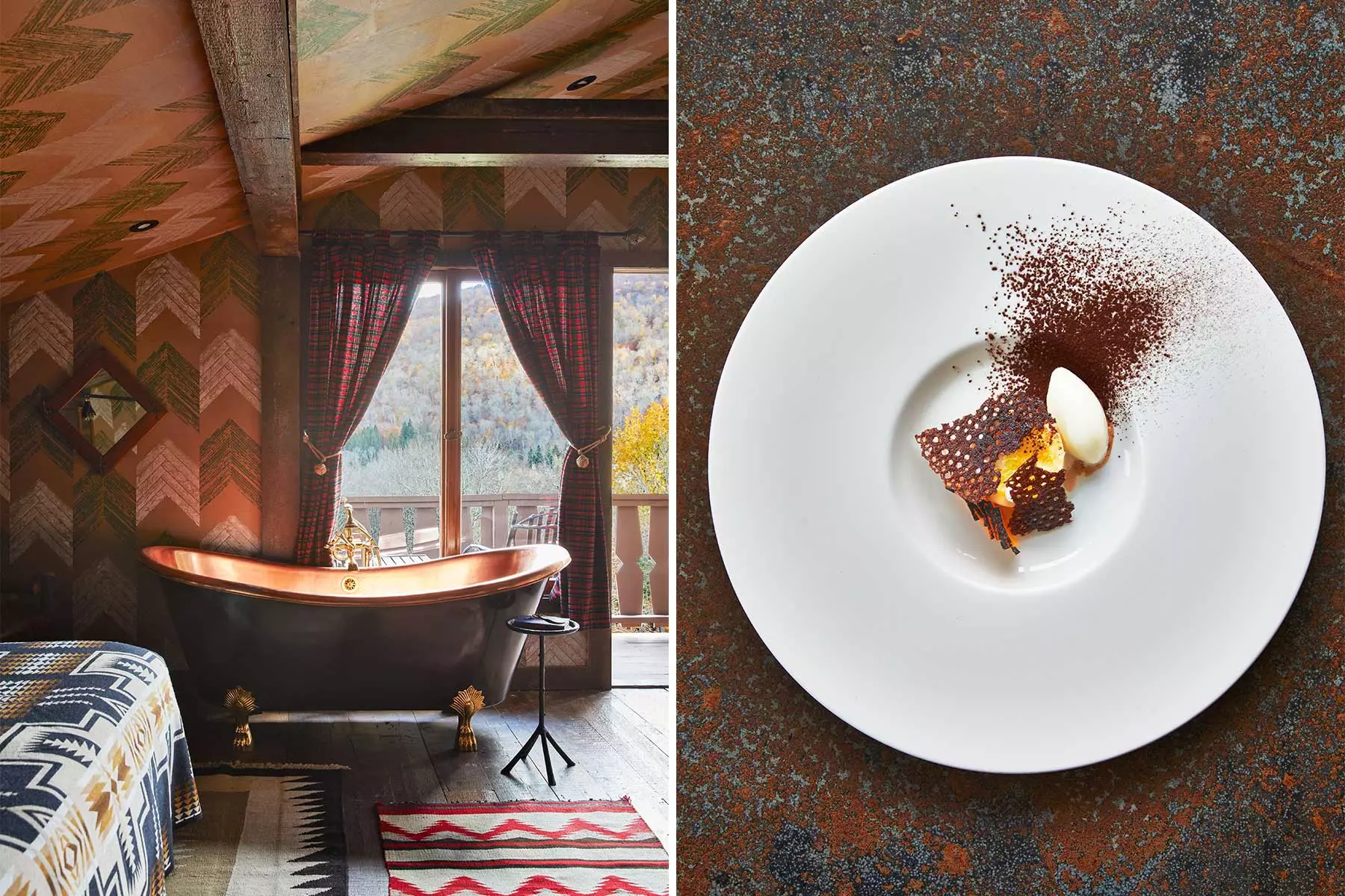 Ett par bilder som visar ett hotellrum i Catskills med höstlöv genom fönstret och en melon- och chokladefterrätt på DeBruce