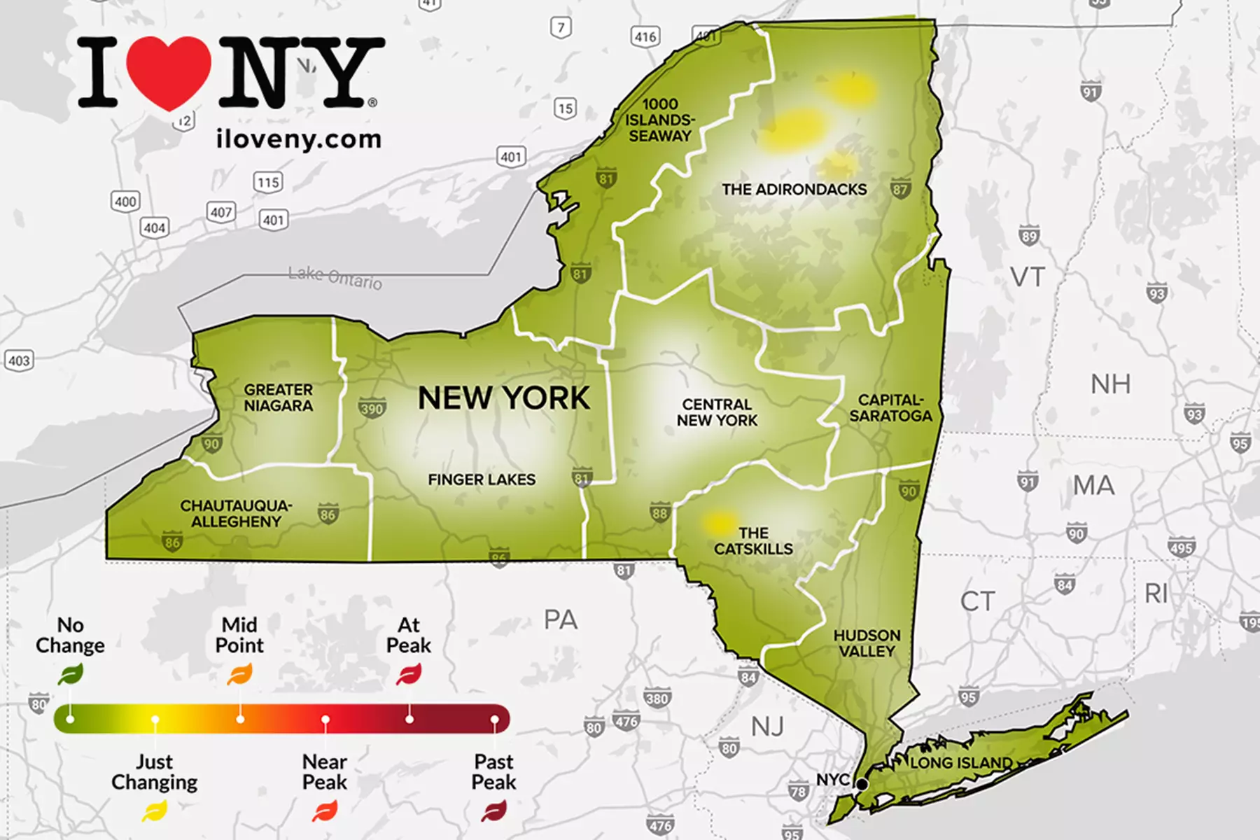 Mapa del fullatge de tardor de l'estat de Nova York