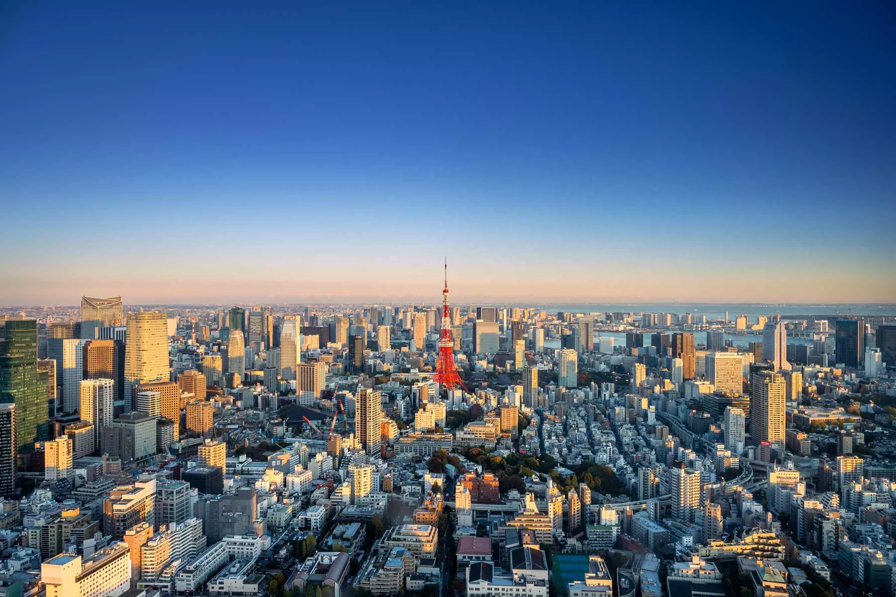 Letecký pohľad na panorámy Tokia s tokijskou vežou a mestom Tokio pri západe slnka, medzník Japonska