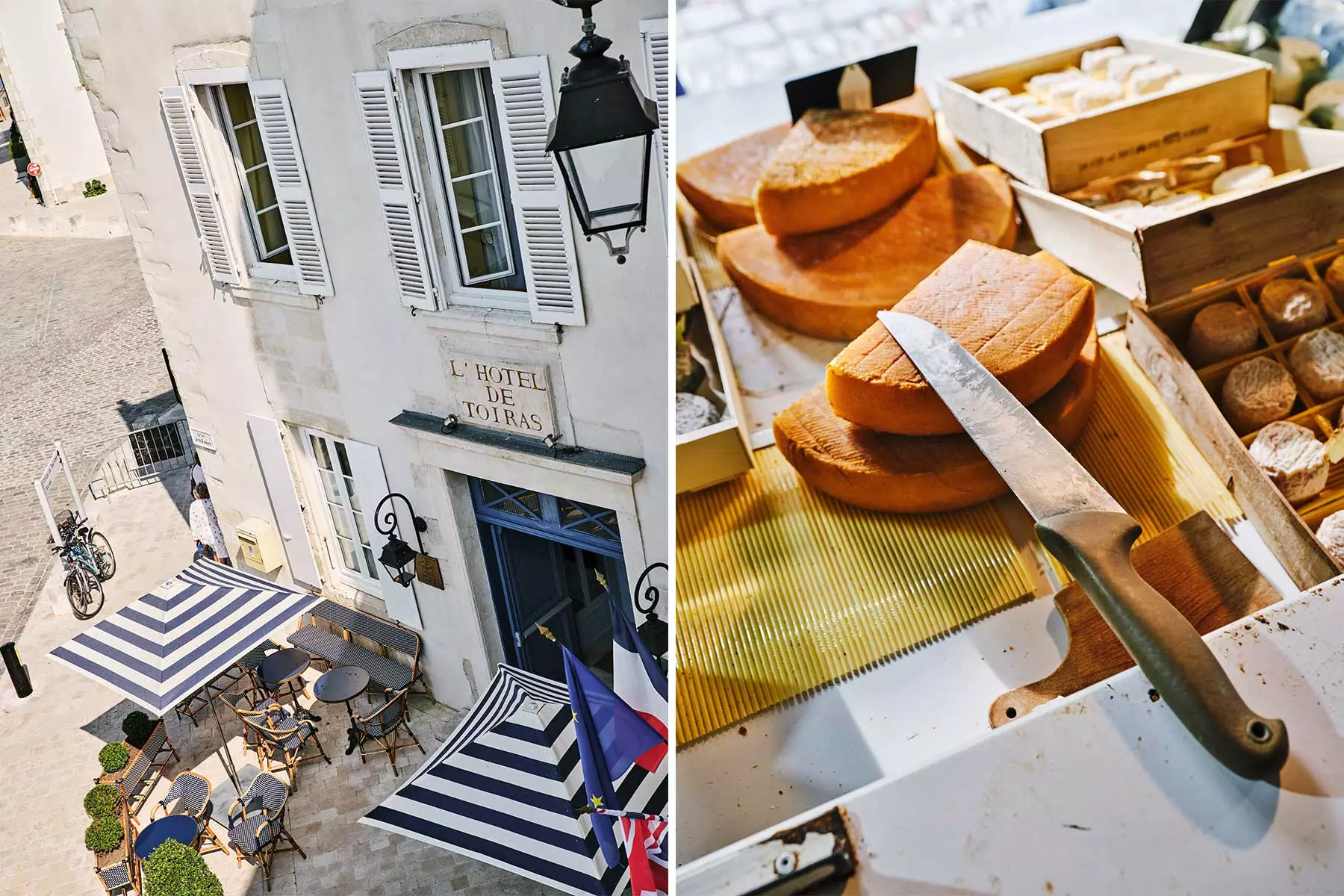 Paire de photos de l'île de Ré, France, dont un extérieur de l'hôtel de Toiras montrant des parapluies rayés sur des tables en terrasse, et une sélection de fromages sur un marché local