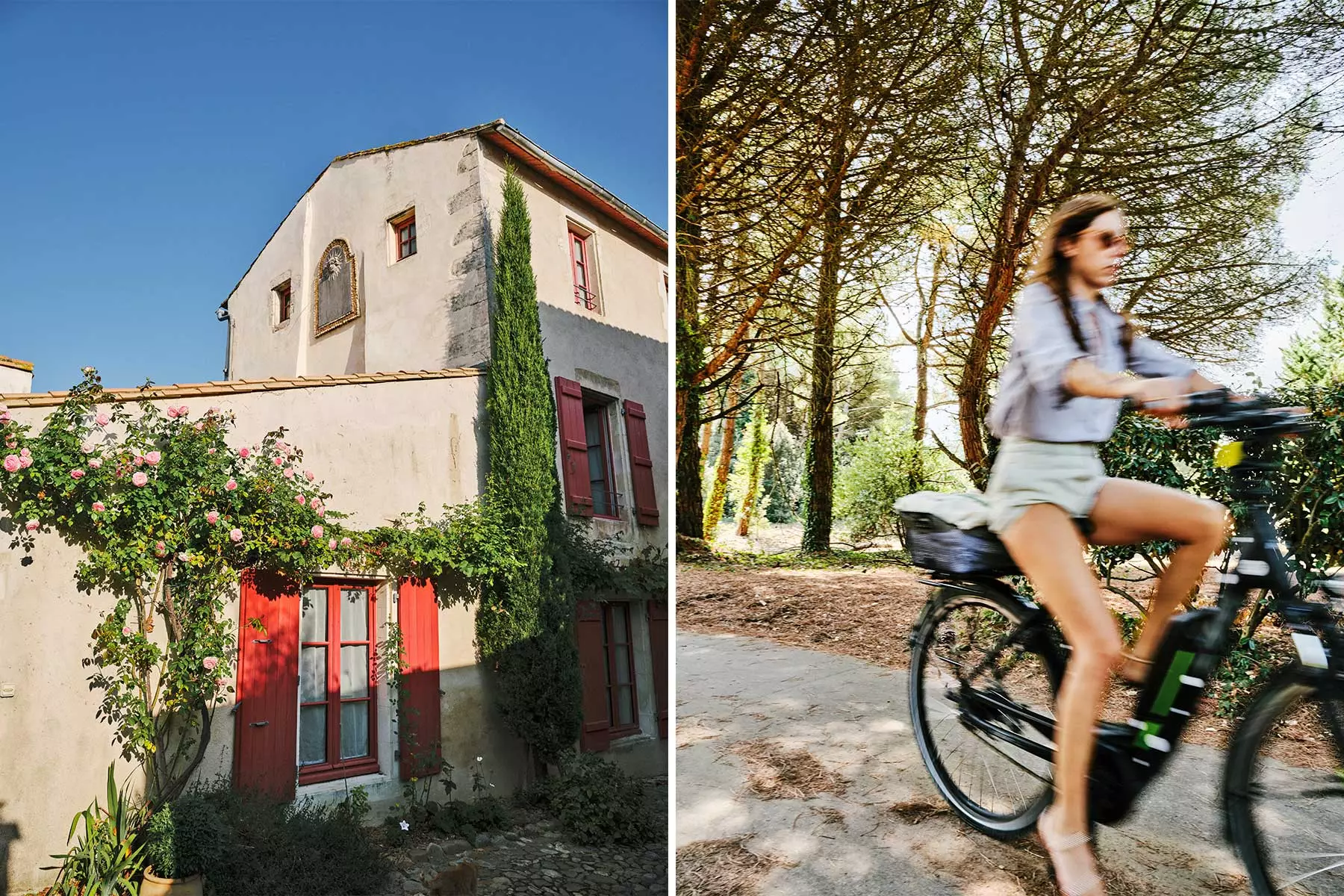 Paire de photos de l'Ile de Ré, France, l'une montrant une maison aux volets rouges et une autre montrant une femme faisant du vélo le long d'un chemin boisé