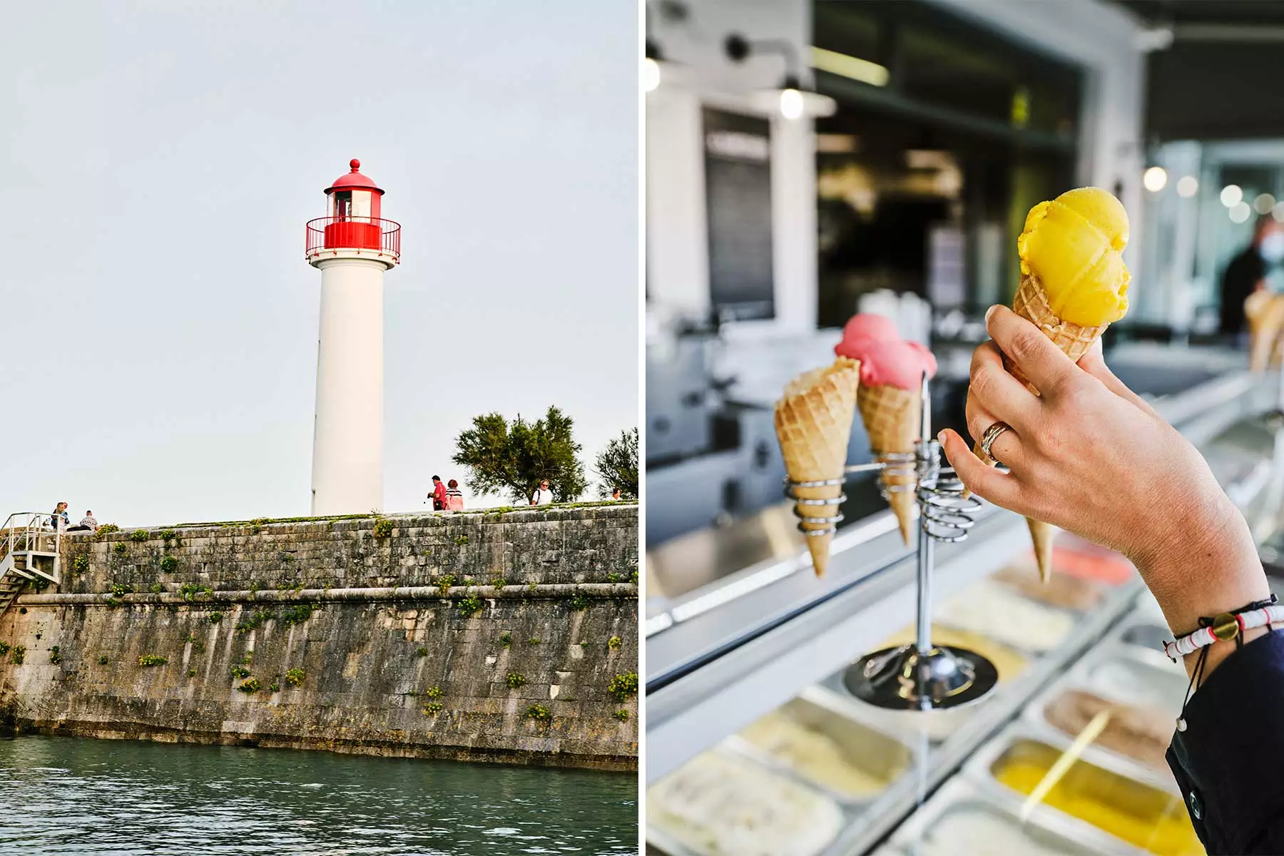 Paire de photos de l'Ile de Ré, France, montrant un phare rouge et blanc, et un gros plan de la main d'une femme tenant un cornet de crème glacée