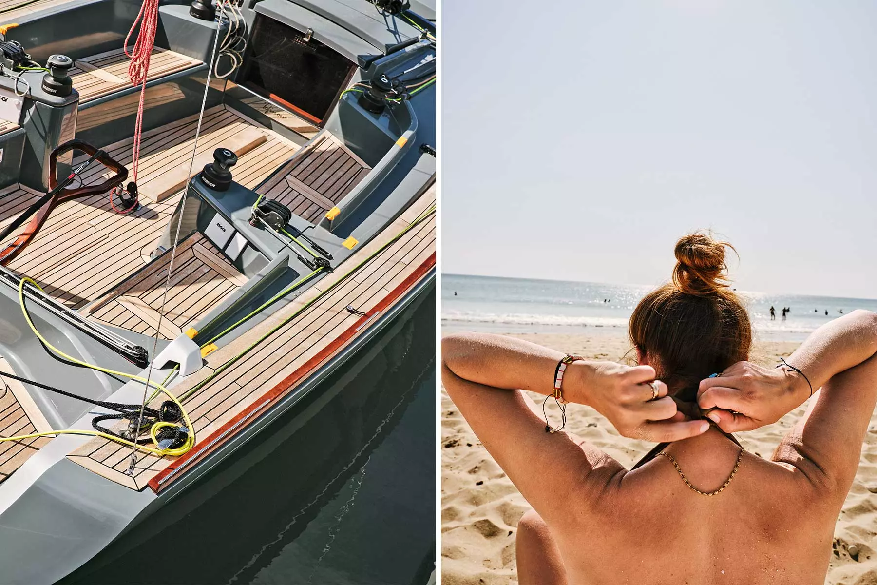 Paire de photos de l'Ile de Ré, France. L'un montre le détail d'un bateau dans un port, l'autre montre le dos d'une femme sur la plage