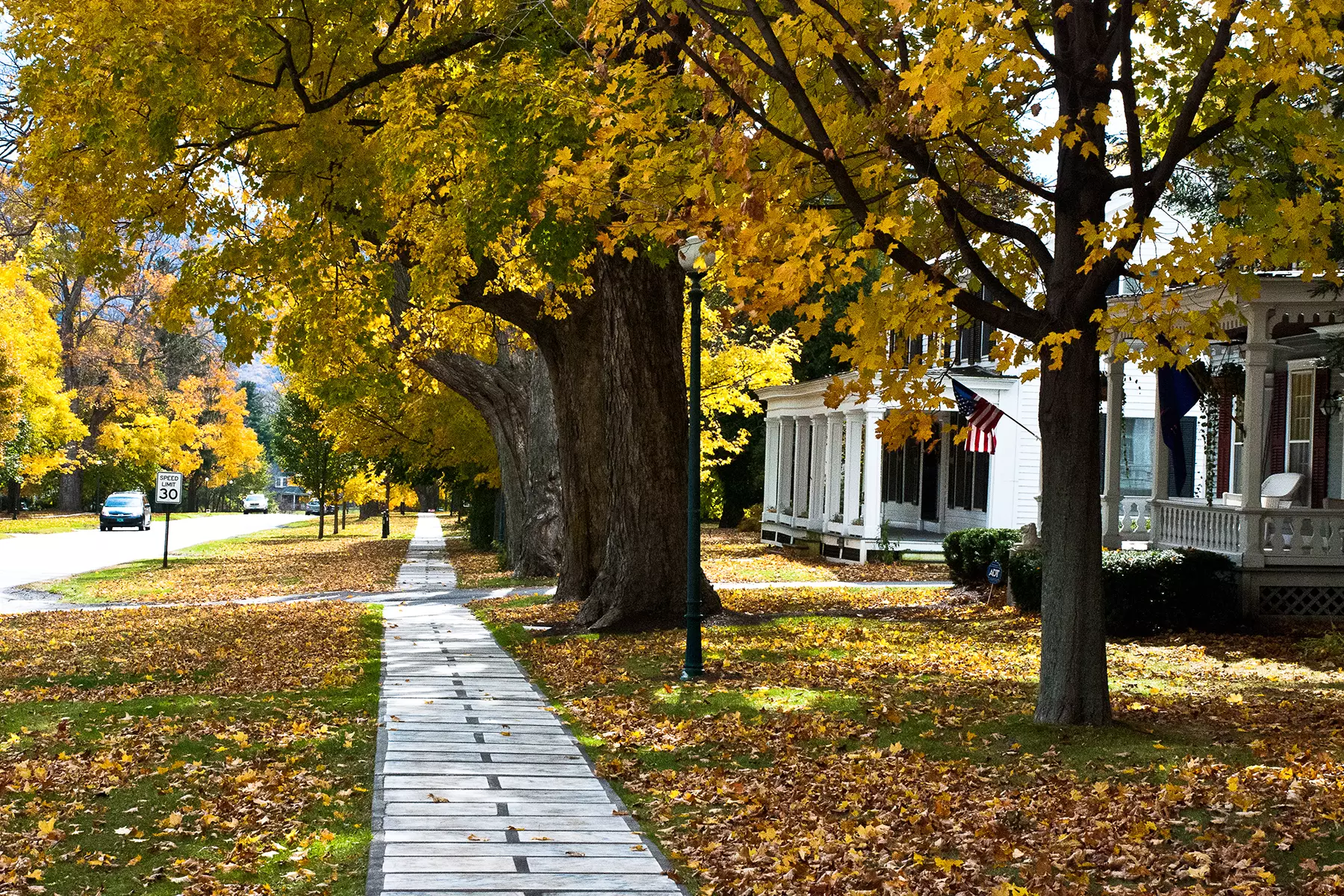 Herbstlaub und von Bäumen gesäumten Bürgersteig in Manchester Village Vermont