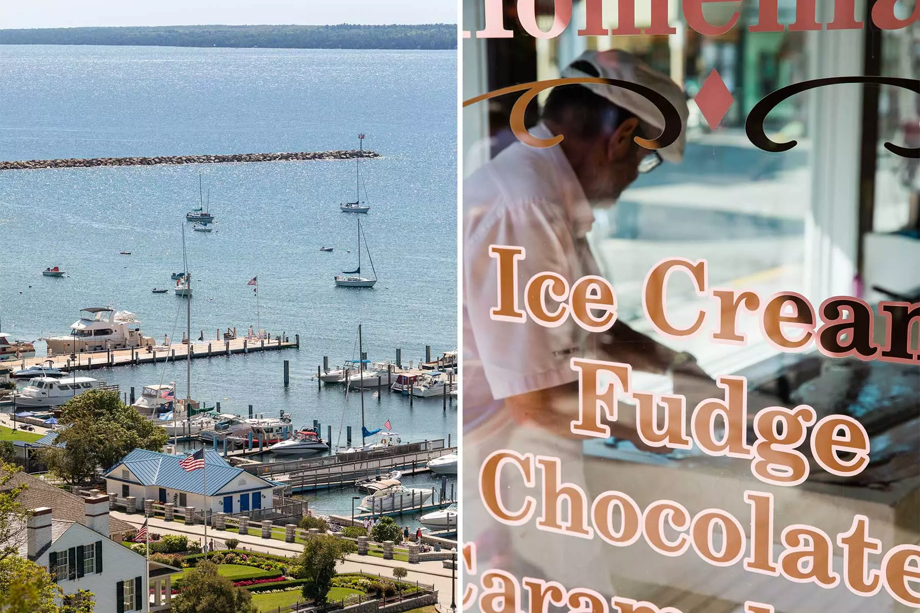 Szenen vun der Mackinac Island: Vue op Mission Point, a kuckt an d'Fënster vun engem Glace a Fudge Buttek