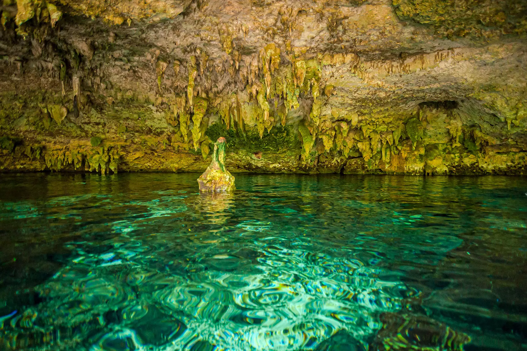 Pemandangan air bersih transparan Dos Ojos Cenote, gua yang dipenuhi air, bebatuan, dan stalaktit