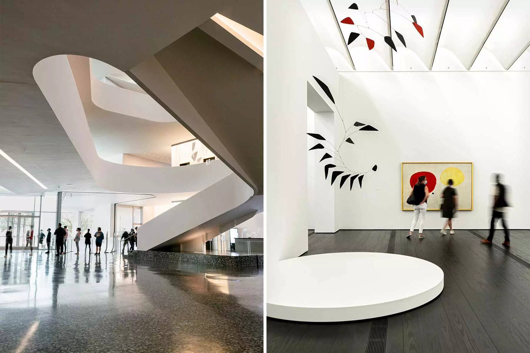 Par fotografij iz Houstona v Teksasu. Ena prikazuje notranjost preddverja Kinder Building, druga pa umetniška dela Joan Miro in Alexander Calder v zbirki Menil