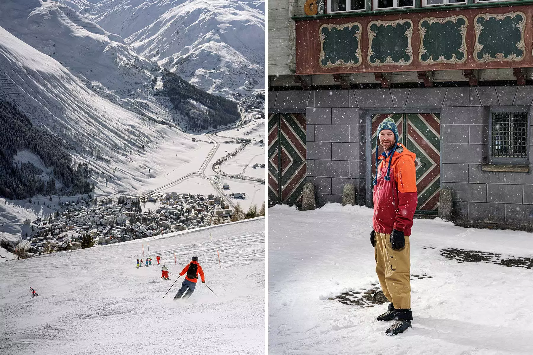 Duha ka litrato gikan sa Andernatt, Switzerland, nga nagpakita sa usa ka downhill skier, ug usa ka hulagway sa ski guide Dan Loutrel