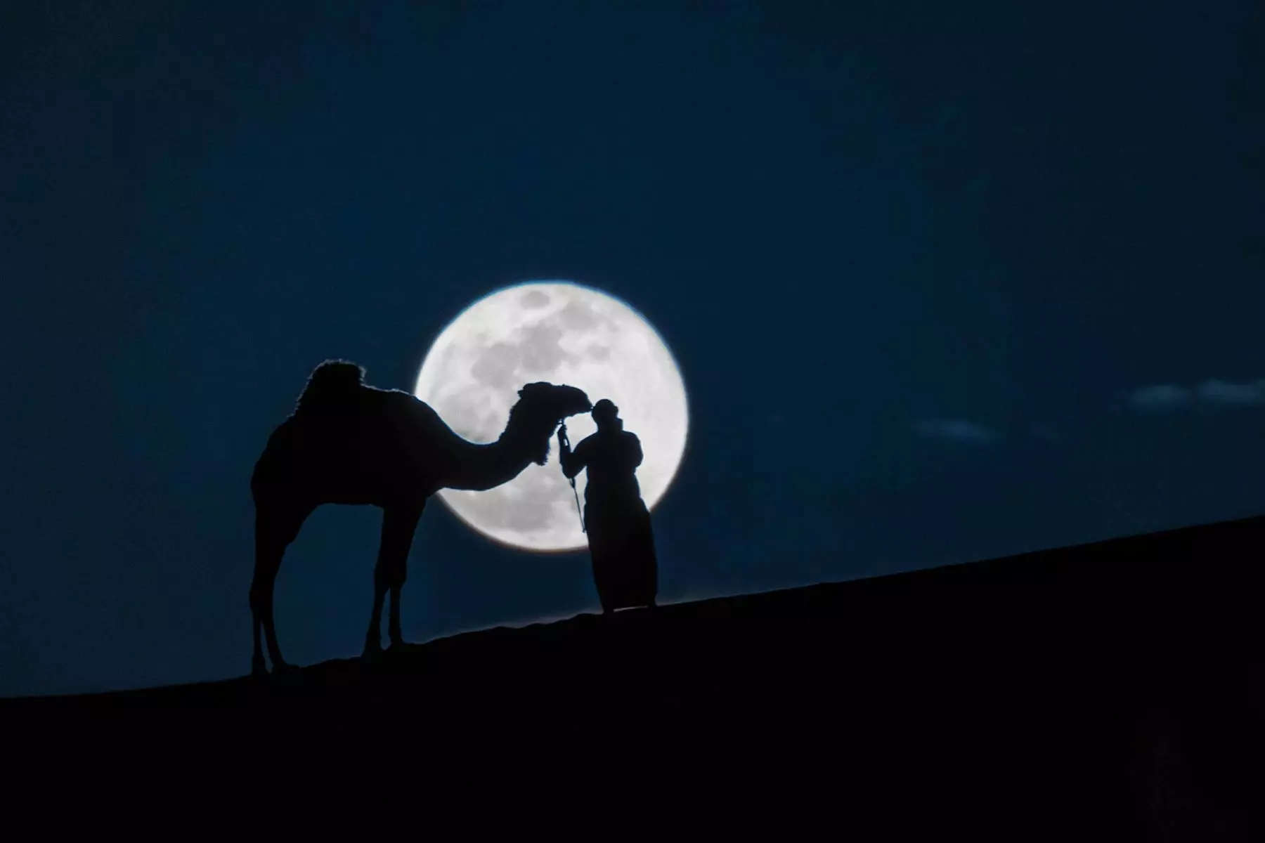 Un hombre y un camello frente a Pink Supermoon