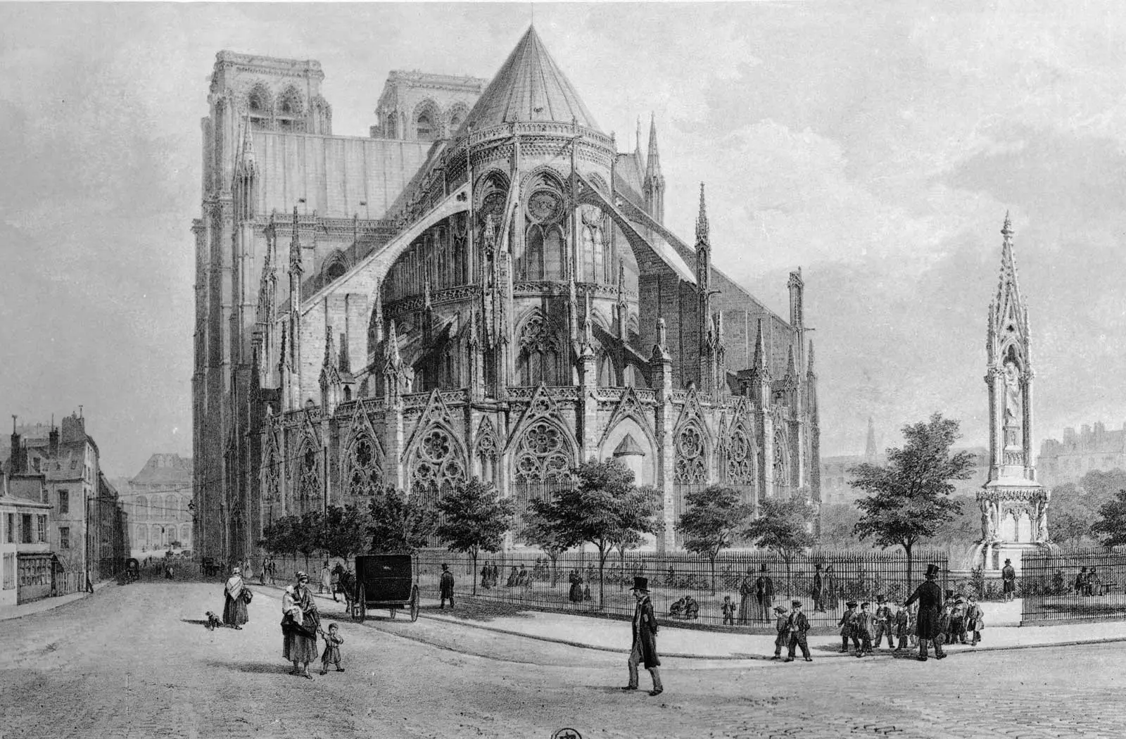 AN FHRAINC - CIRCA 1850: Páras. Apse Notre-Dame, roimh atógáil an spuaic. B.N.F., 1850.