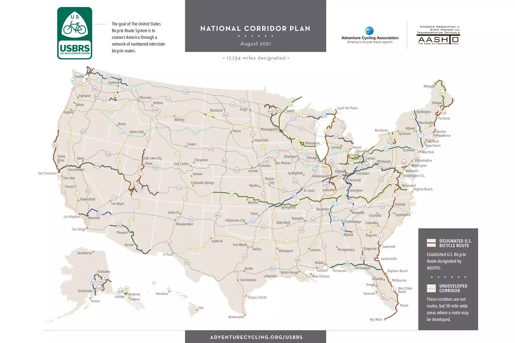 Un mapa detallado de las rutas en bicicleta en los Estados Unidos.