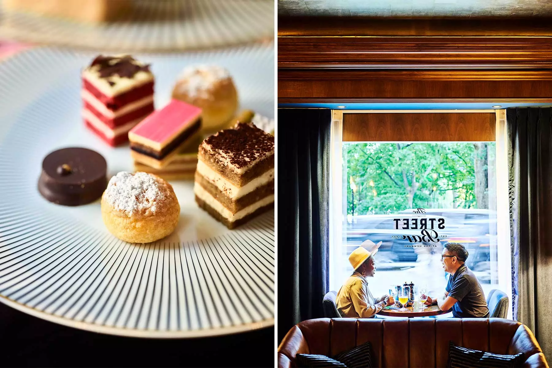 Dvije fotografije iz bostonskih hotelskih restorana, uključujući petit fours u Four Seasons-u i mjesto uz prozor u Street Baru